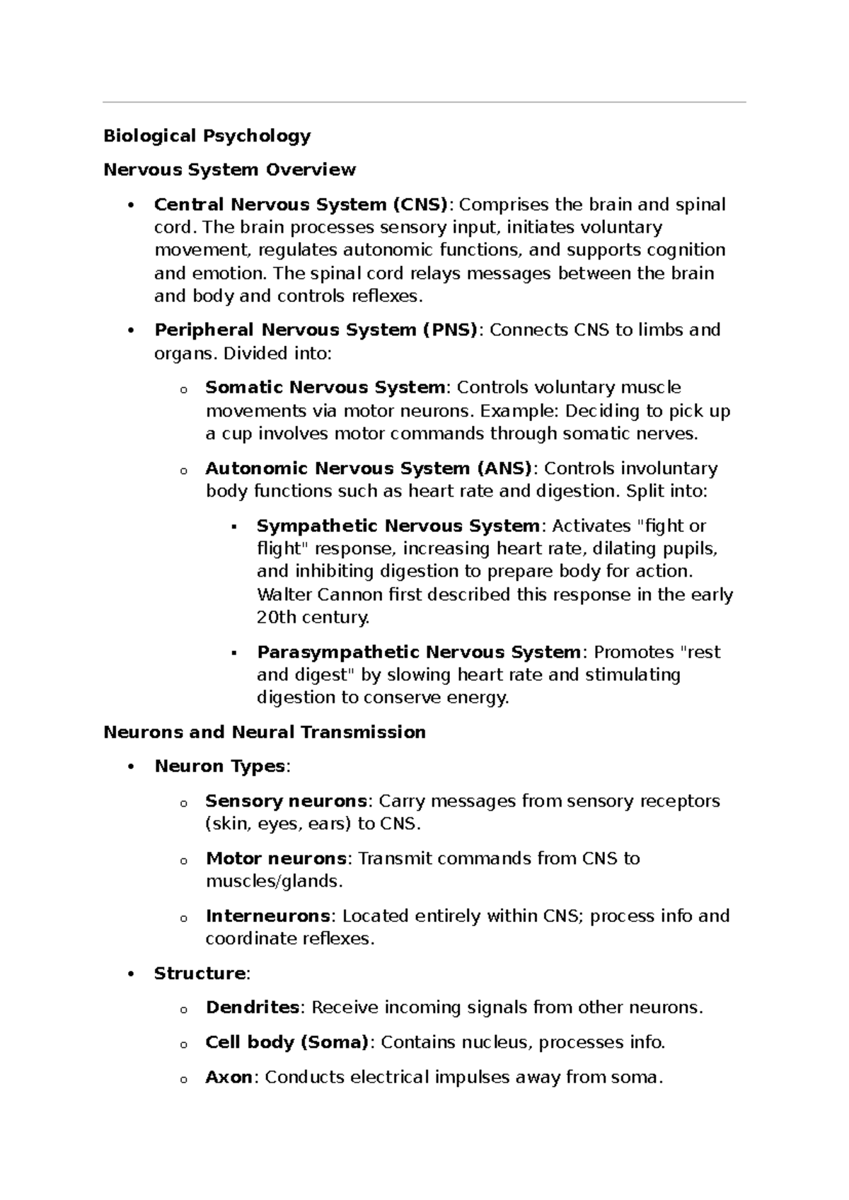 PSYU1101 Biological Psychology: Nervous System Overview and Key ...