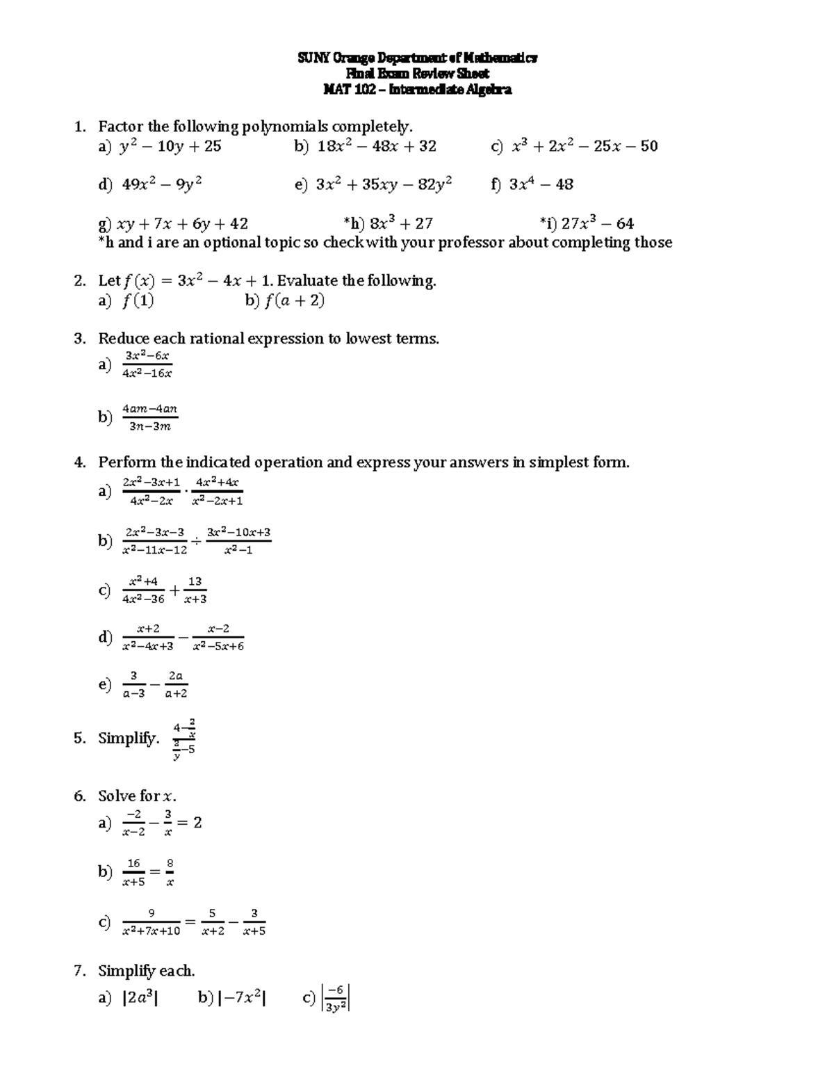 MAT-102 Department Review Sheet (October 2022) - SUNY Orange Department ...