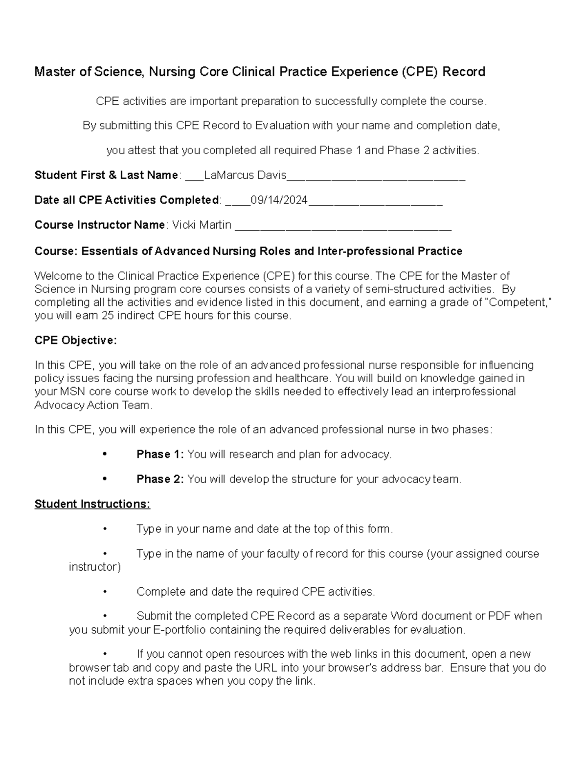 Master's CPE Record D025: Core Nursing Clinical Practice Activities ...