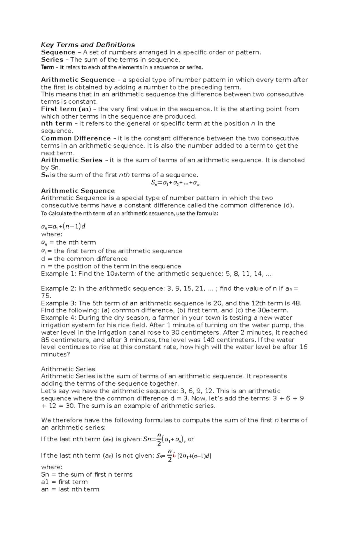 Key Terms and Definitions for Arithmetic Sequences and Series - Studocu