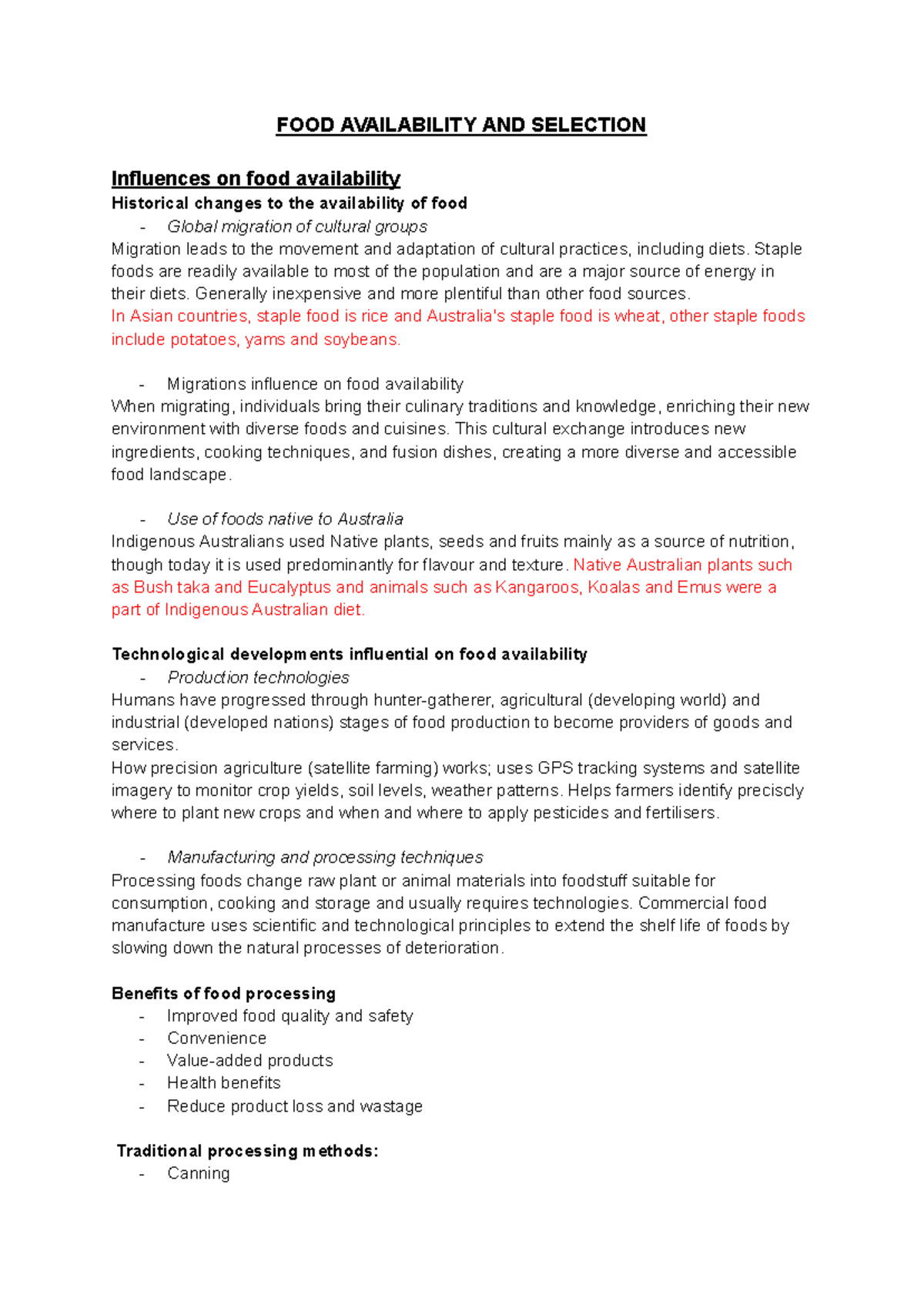 FOOD AVAILABILITY AND SELECTION: Prelim Notes for HSC Food Tech - Studocu