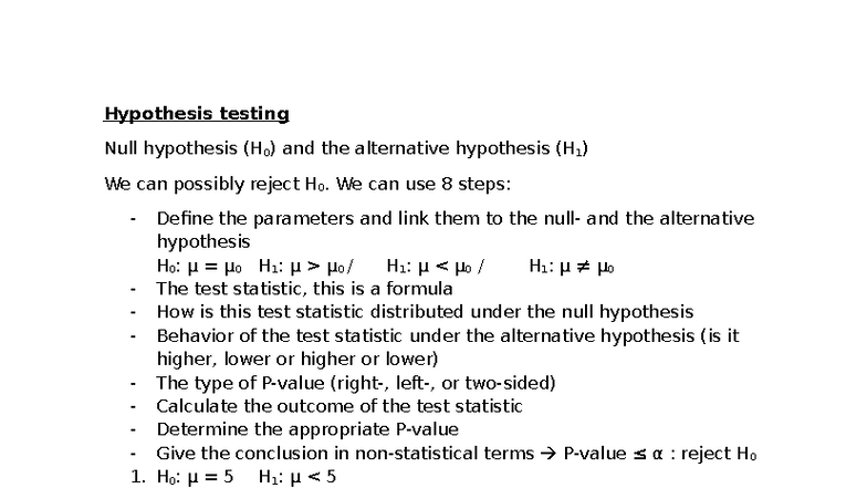 Hypothesis Testing Notes: H0 and H1 Explained (Tutorials) - Studeersnel
