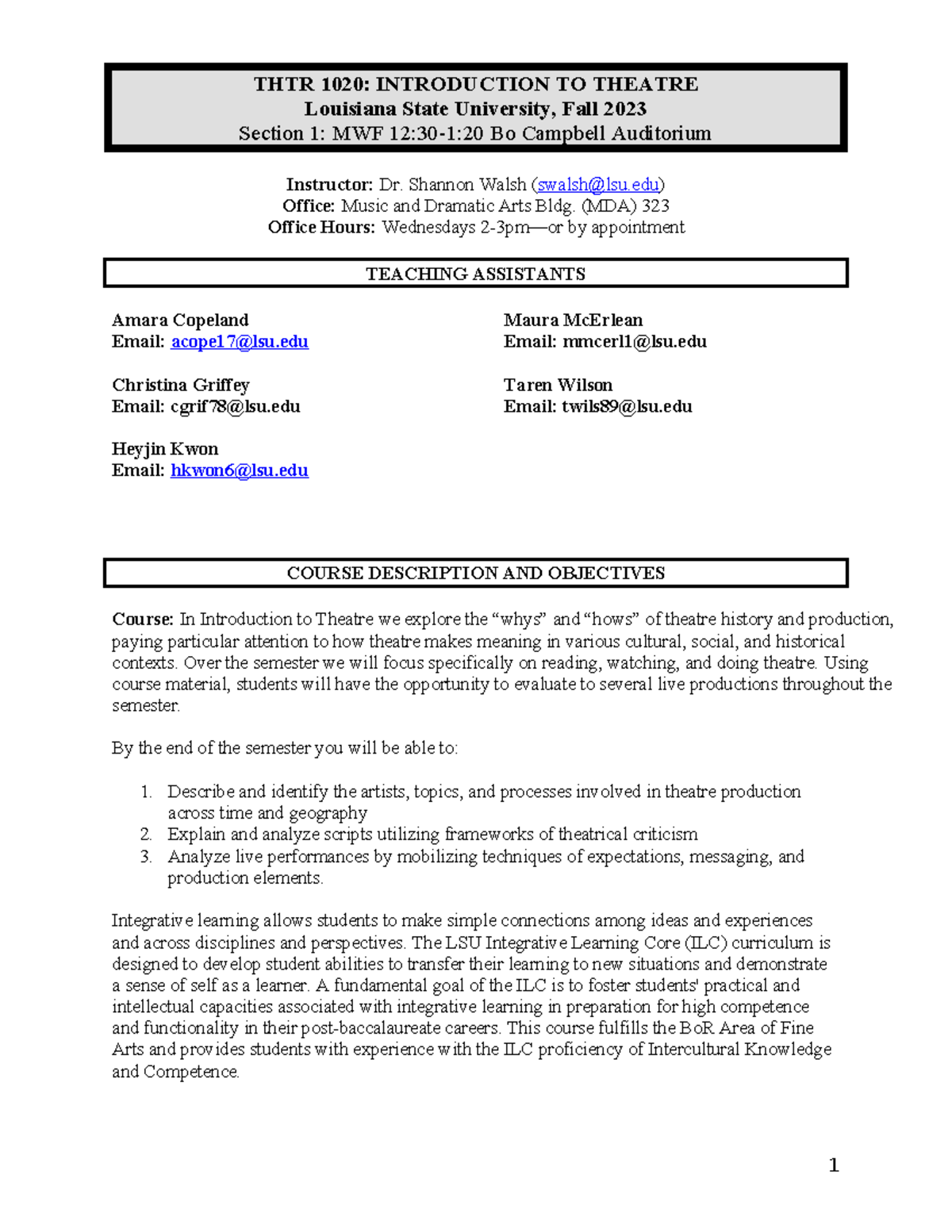 THTR 1020 Syllabus Fa24 - Intro to Theatre Course Overview & Policies ...