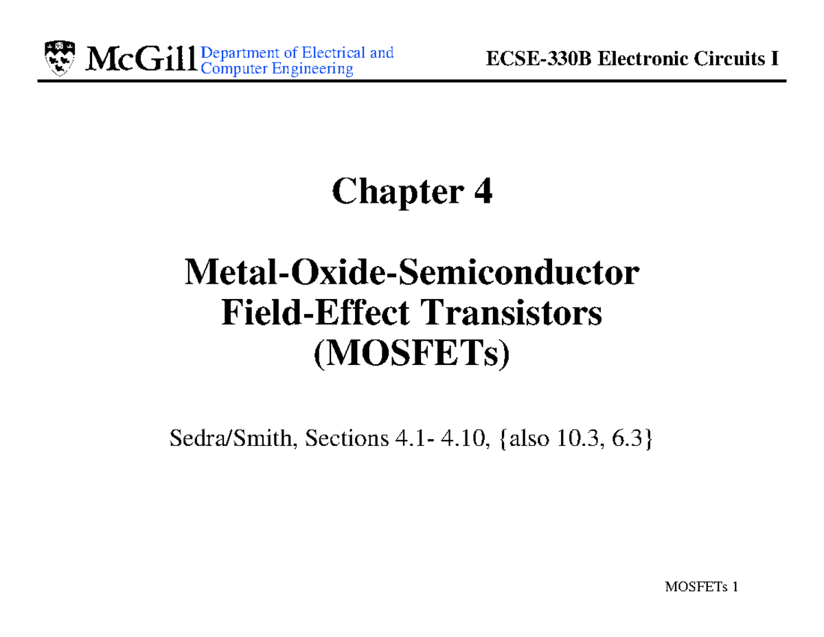 ECE 101 Electronic Circuits I Chapter 4: MOSFETs Overview - Studocu