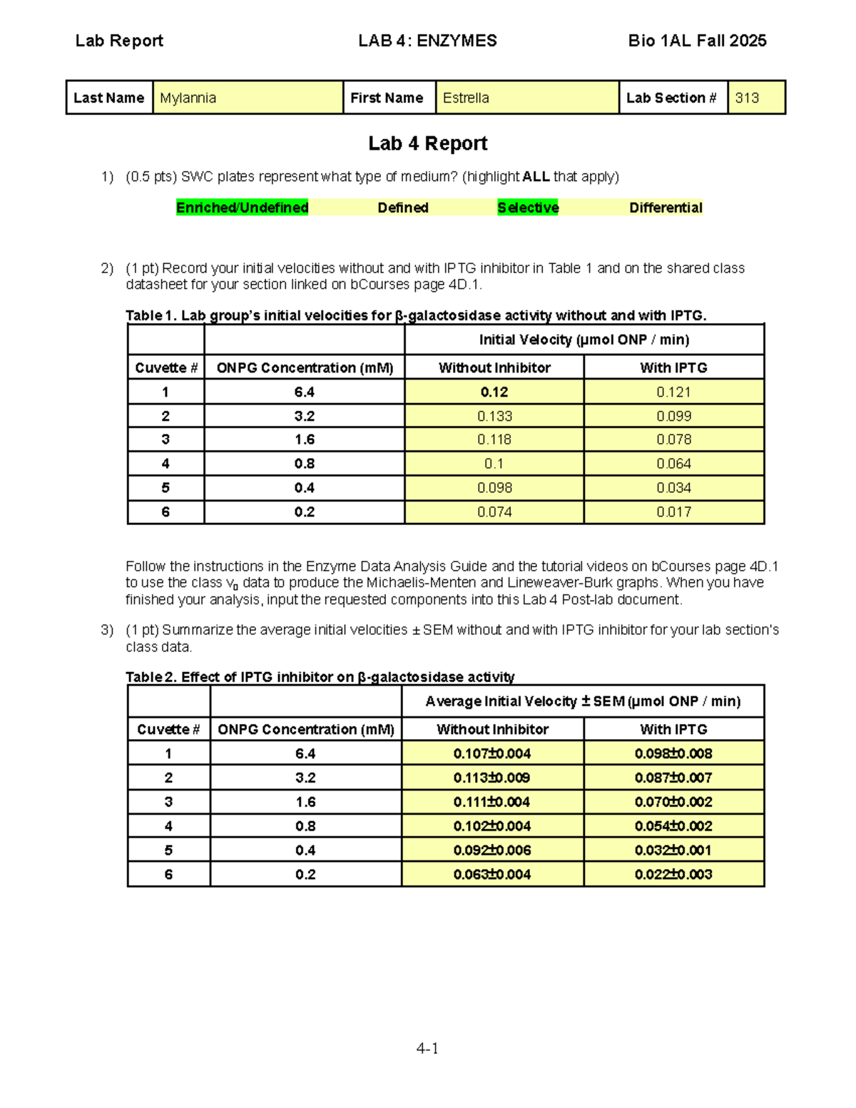Lab 4 Report: Enzymes Analysis - Bio 1AL Fall 2025 - Studocu