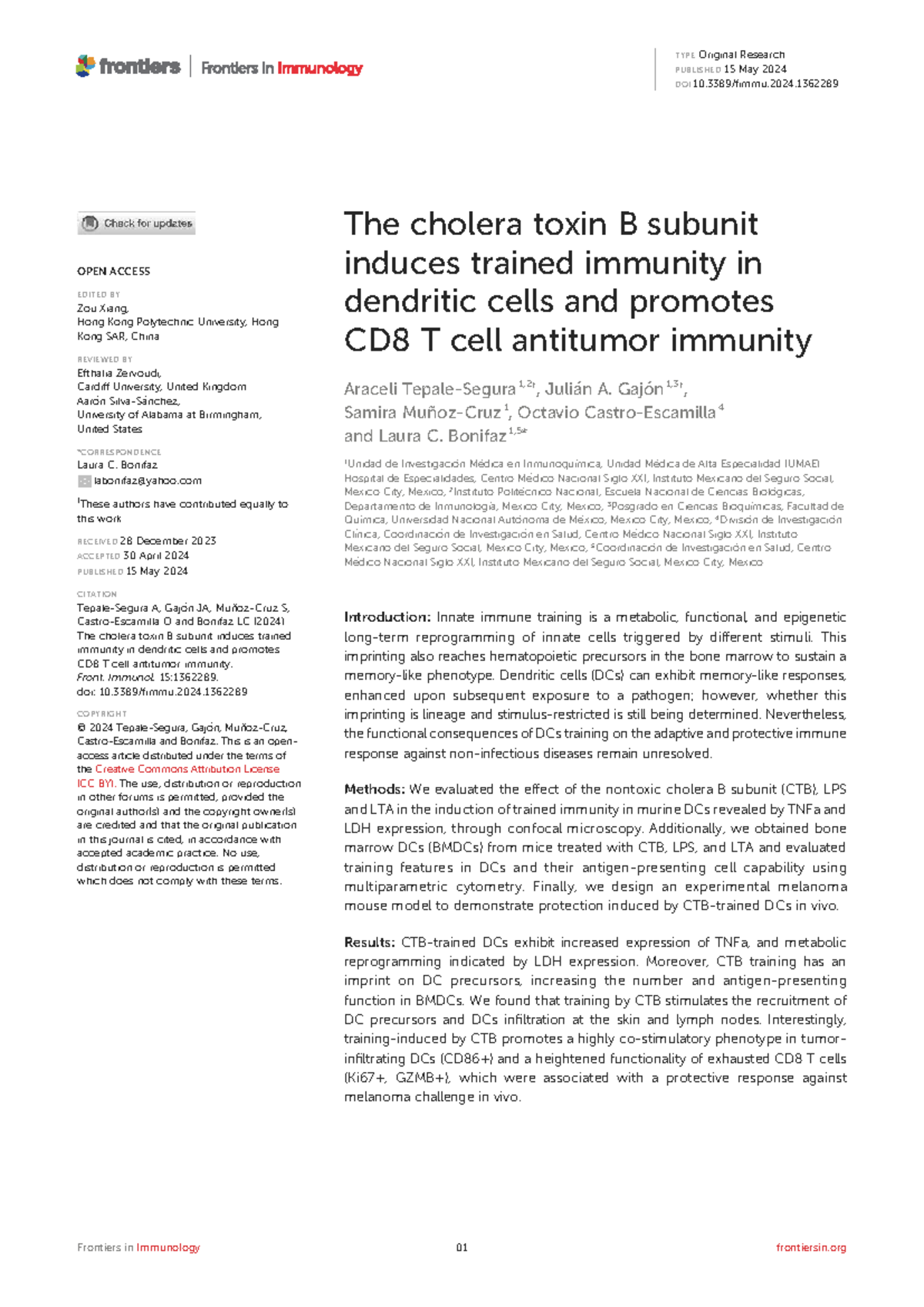 Induction of Trained Immunity by Cholera Toxin B in Dendritic Cells ...