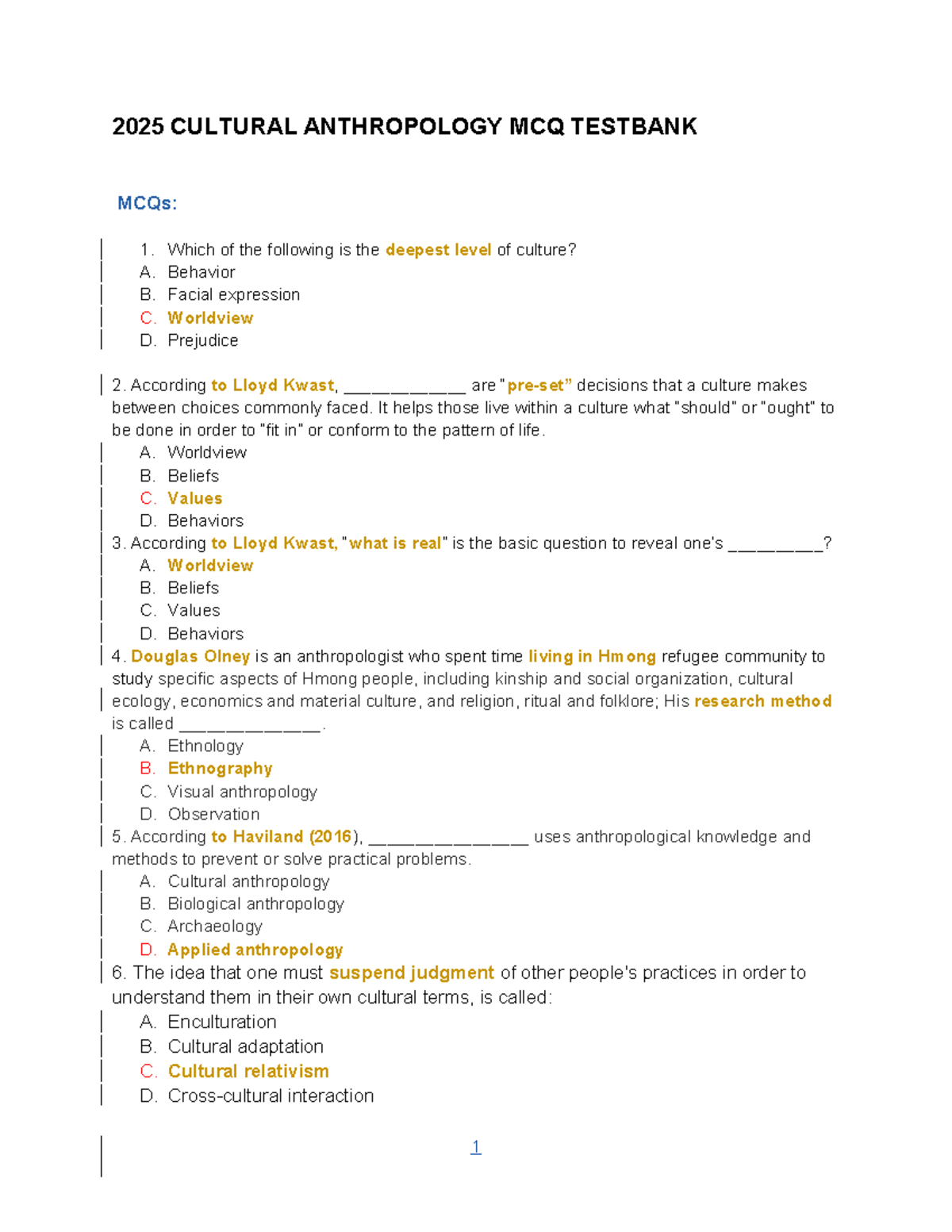 2025 CULTURAL ANTHROPOLOGY MCQ TESTBANK: Comprehensive Questions - Studocu