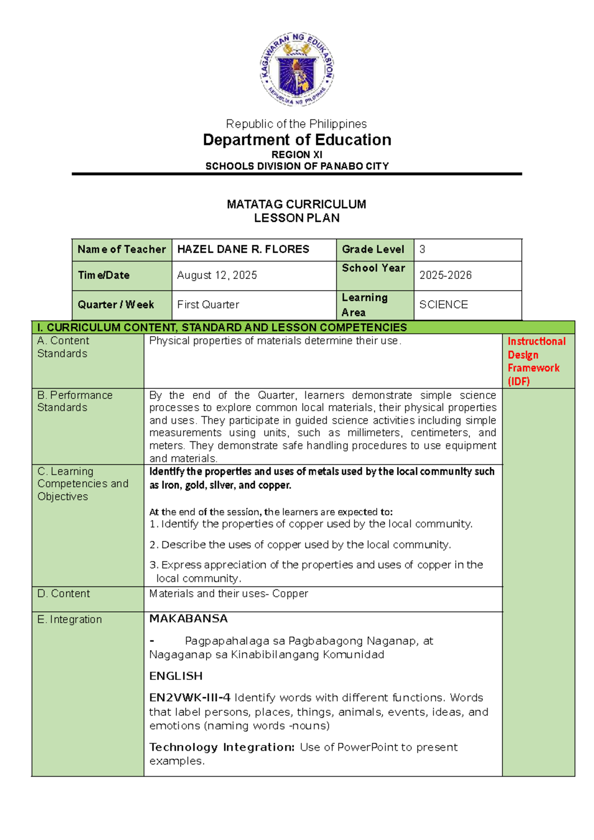 G4 SCIENCE Matatag Lesson Plan: Exploring Copper Properties and Uses - Studocu