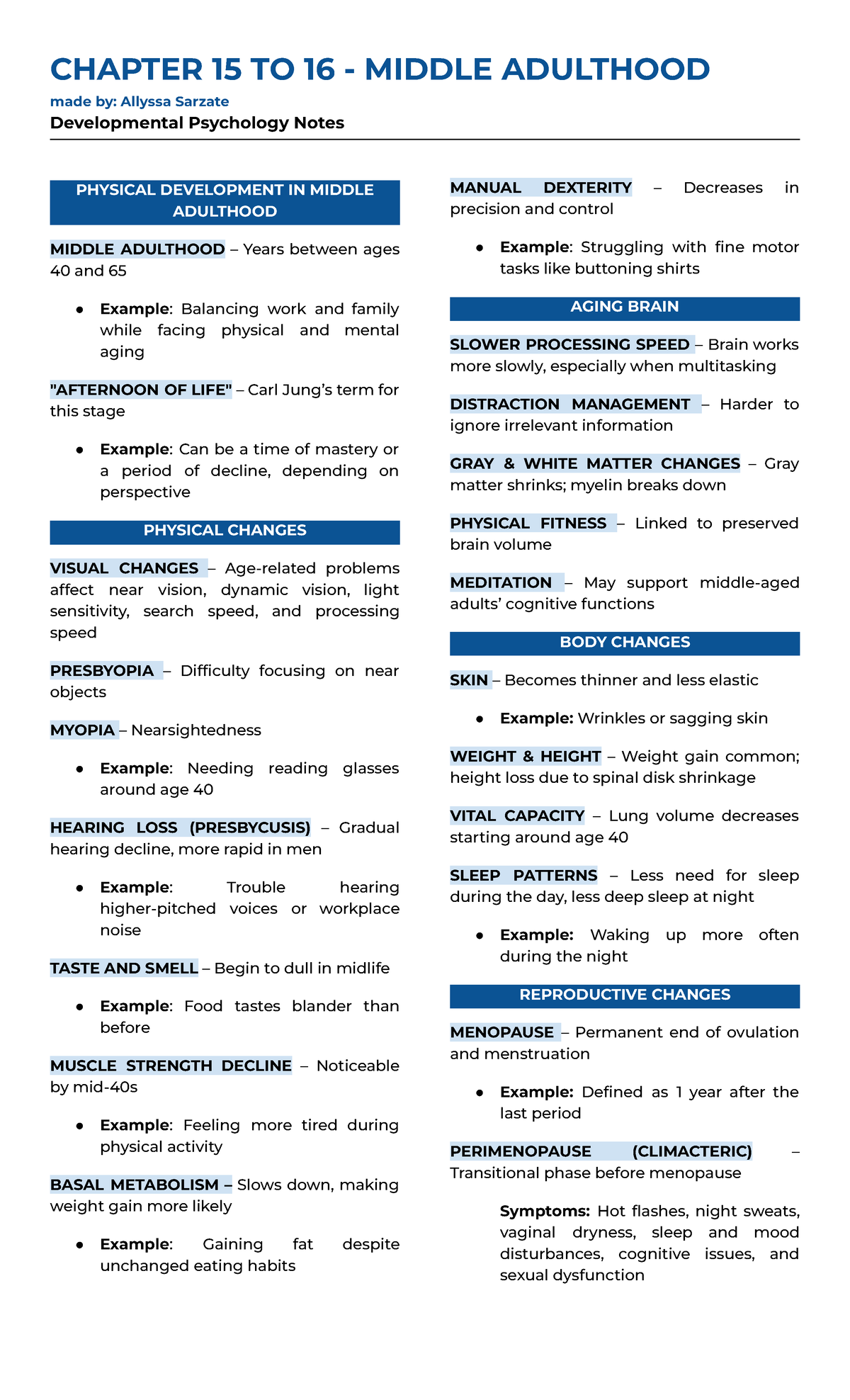 Developmental Psychology Notes: Middle Adulthood (Chapters 15-16) - Studocu