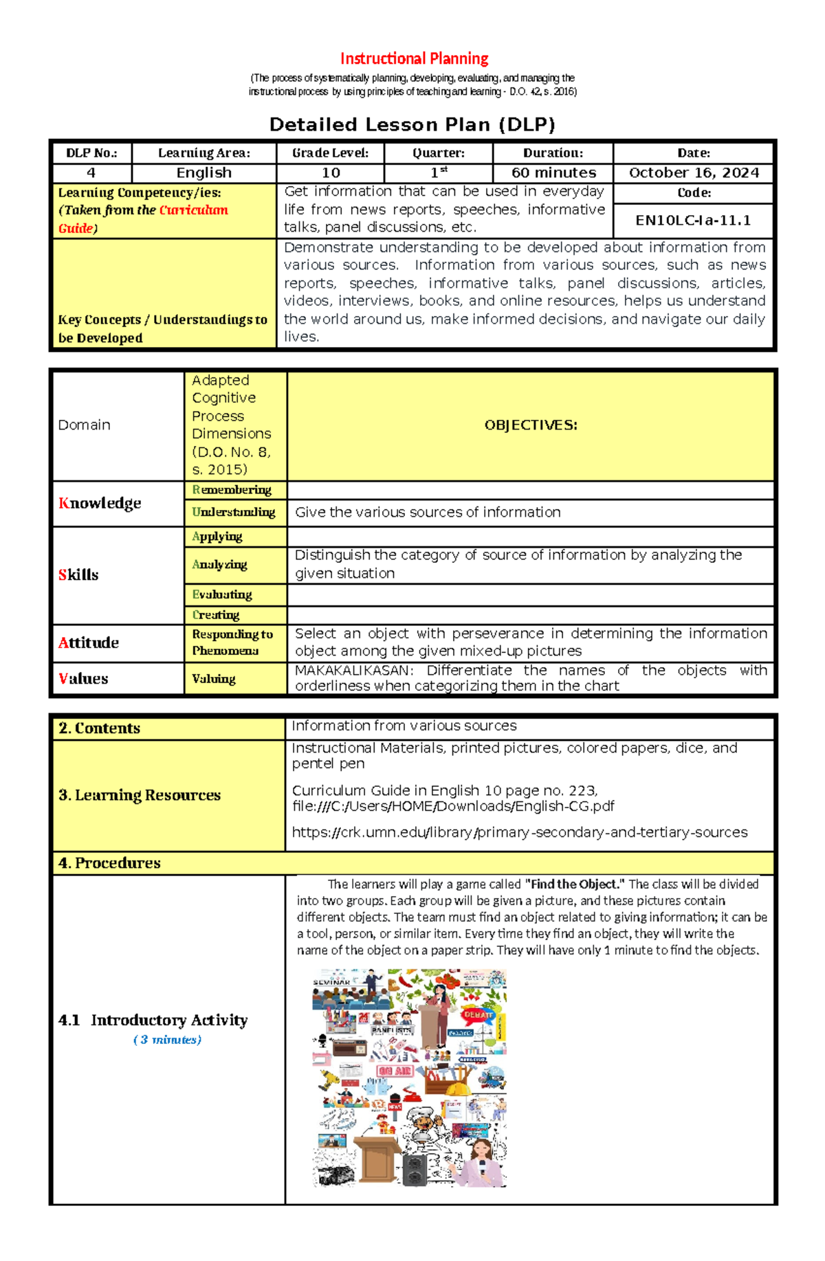 English 10 DLP: Systematic Instructional Planning & Information Sources ...