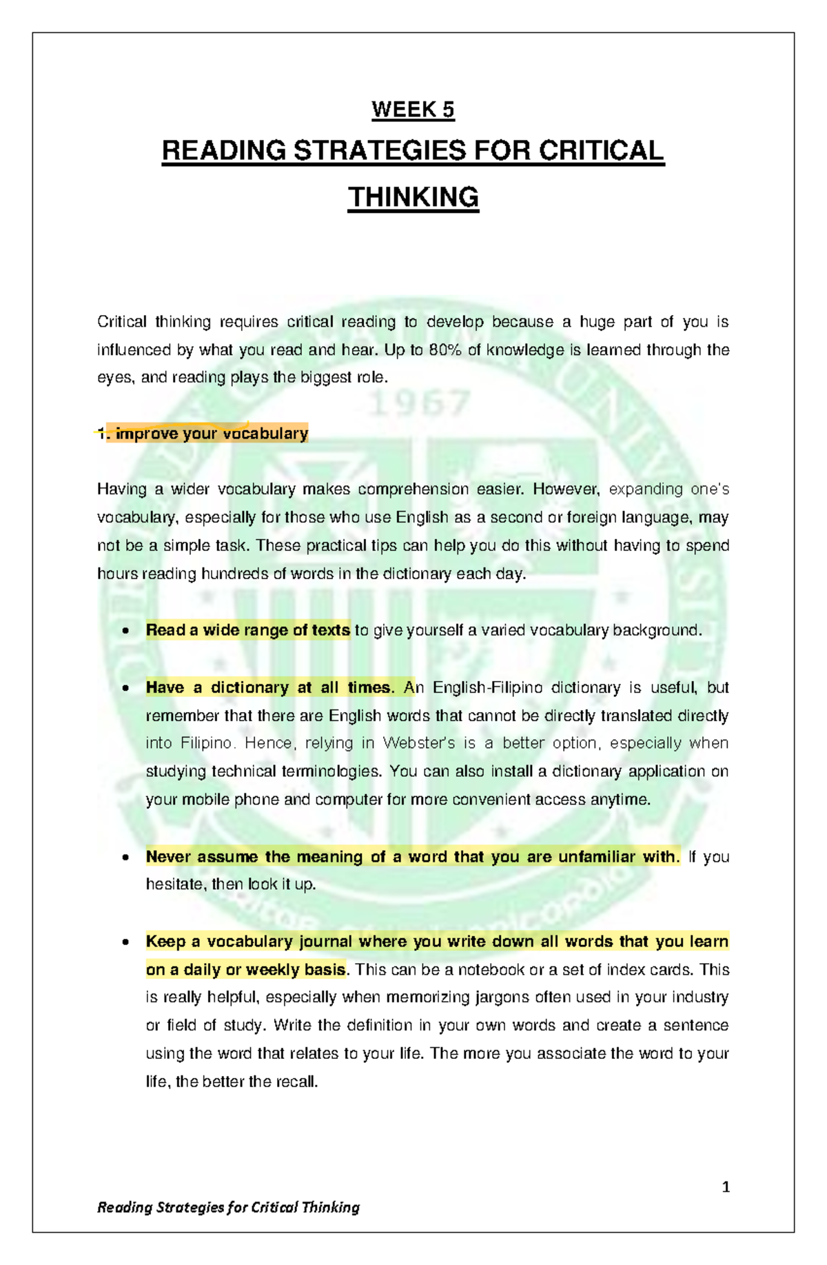 WEEK 5: Reading Strategies for Critical Thinking - Studocu
