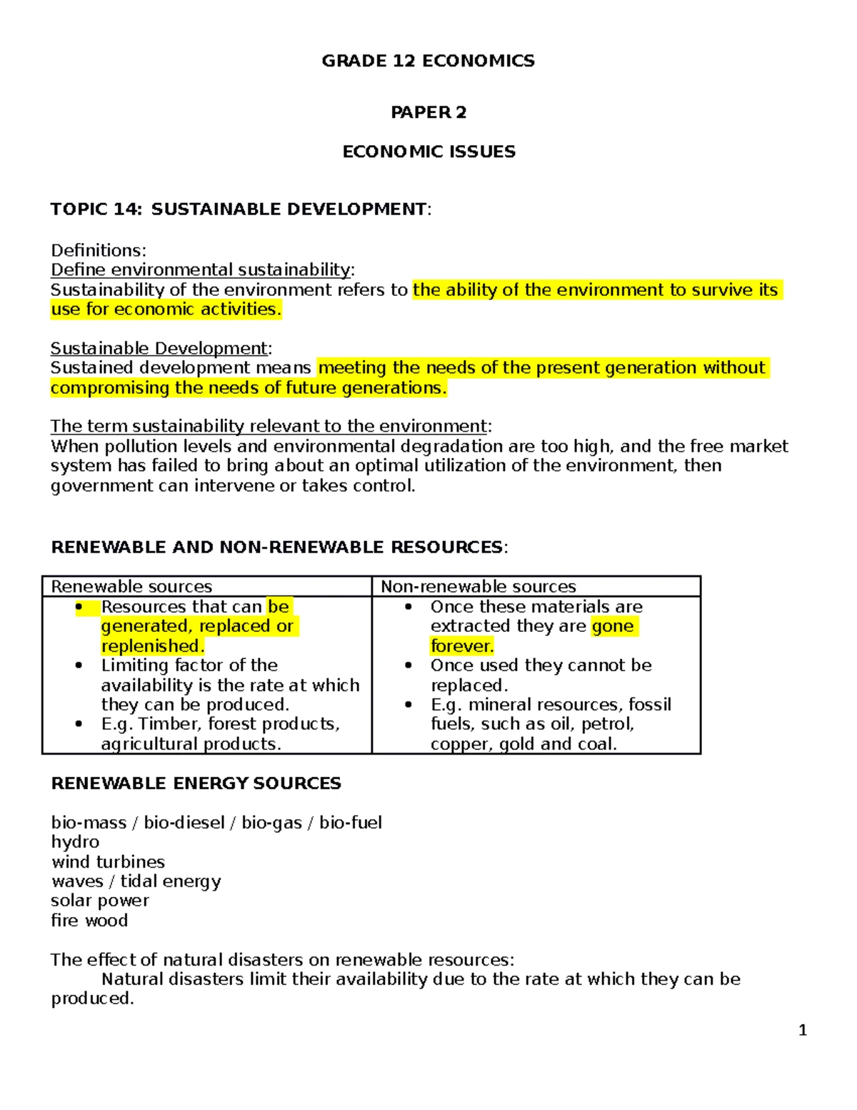 Environment sustainability notes - GRADE 12 ECONOMICS PAPER 2 ECONOMIC ...