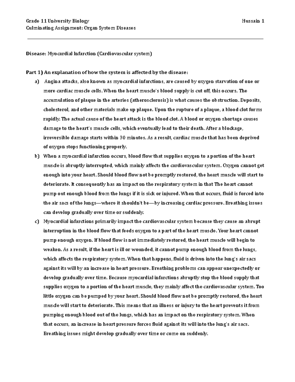 Grade 11 University Biology Culminating Assignment: Myocardial ...