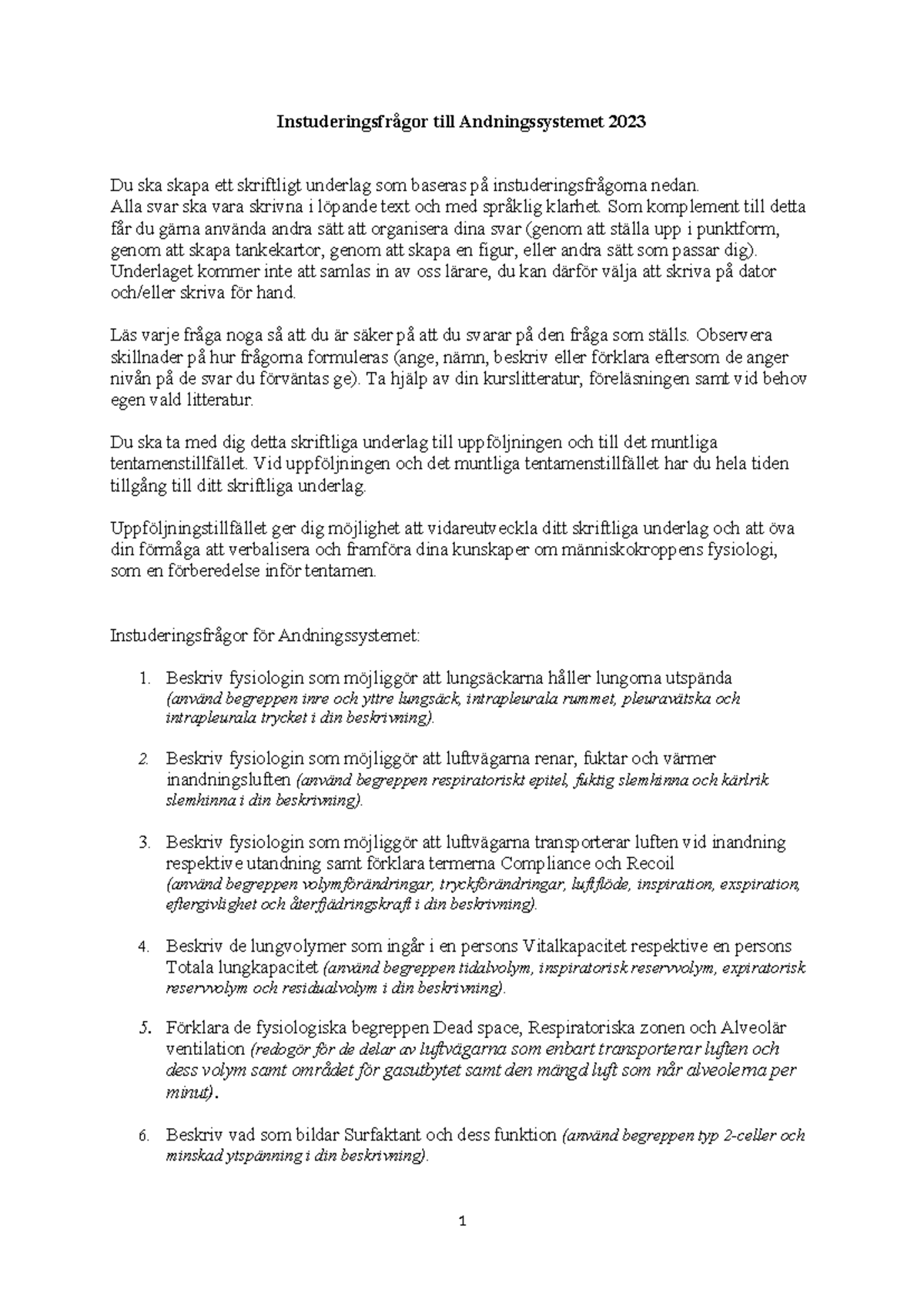 Instuderingsfrågor Andningssystemet 2023: Fysiologi och Lungfunktion ...