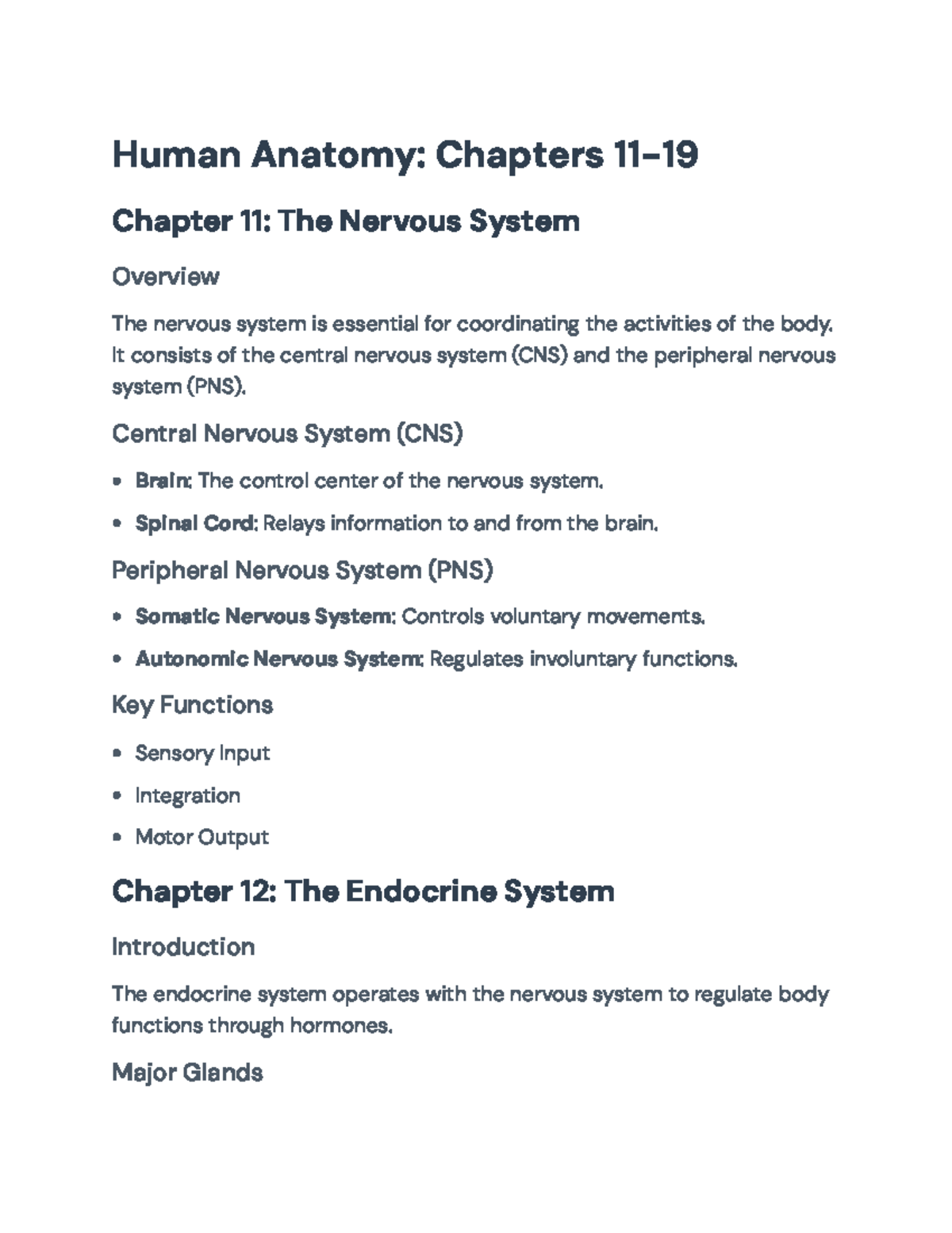 Human Anatomy: Overview of Chapters 11-19 Key Functions Explained - Studocu