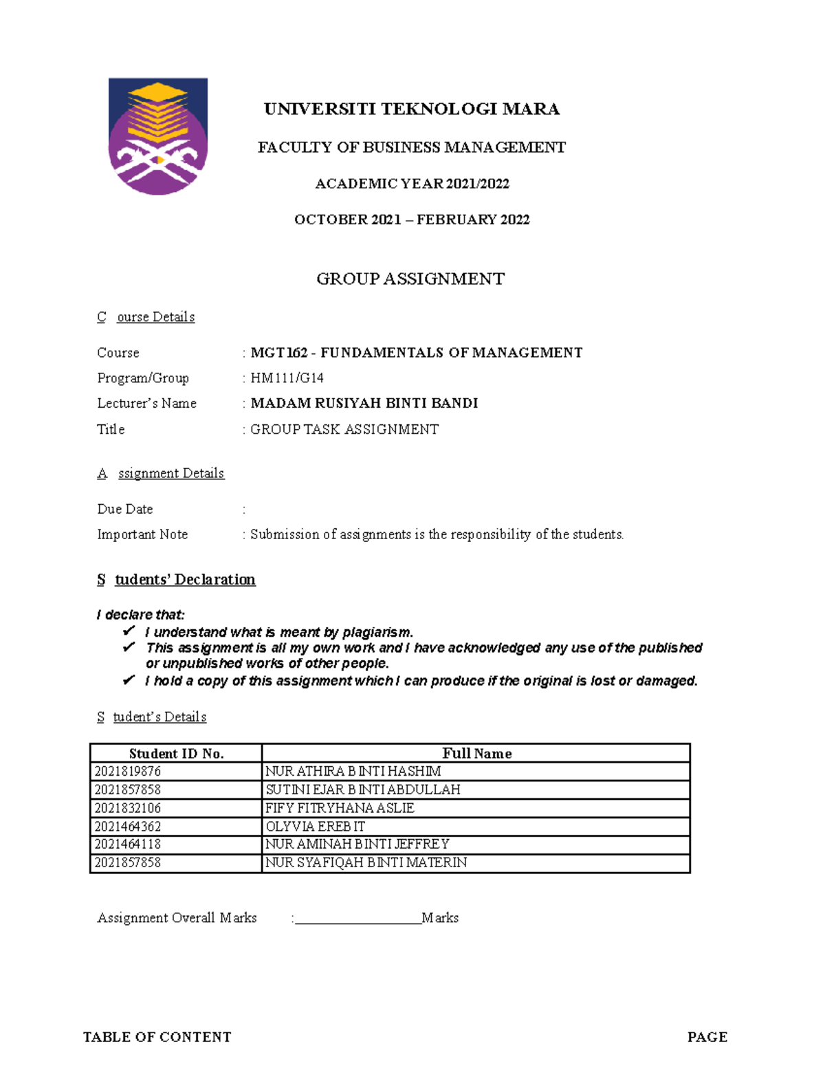 MGT162AG16 Group Assignment - UNIVERSITI TEKNOLOGI MARA FACULTY OF ...