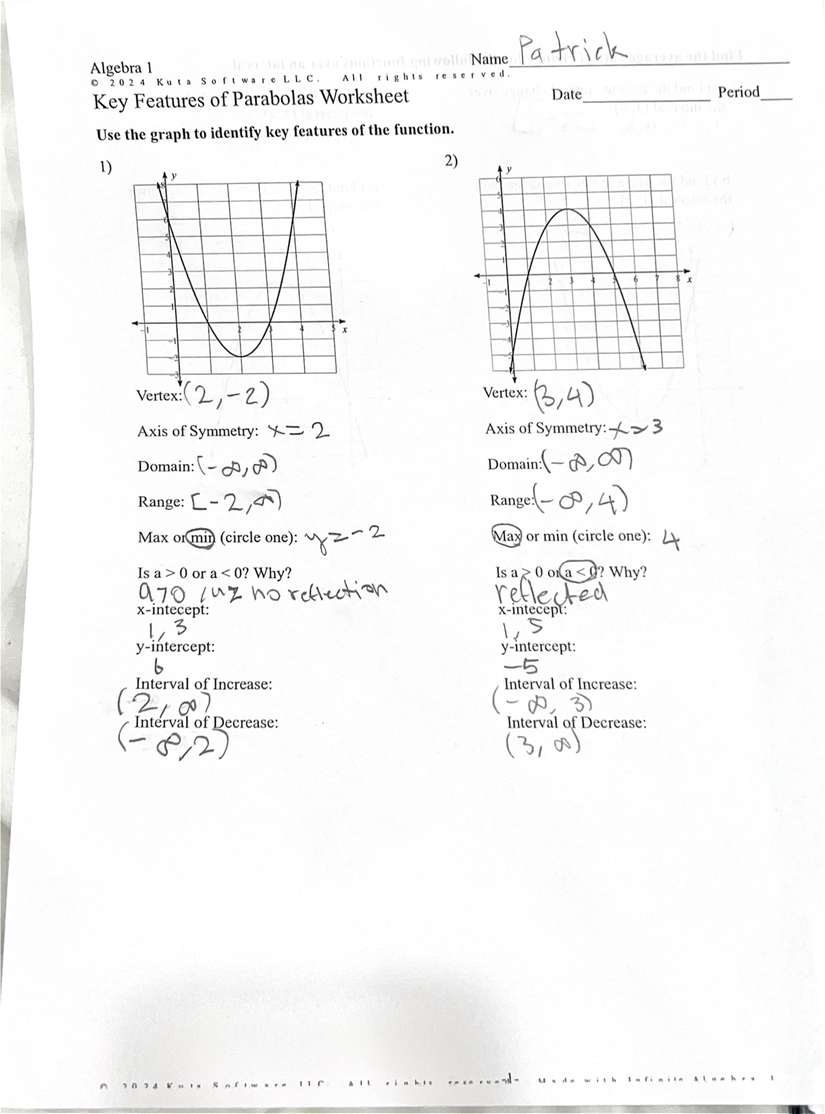 Algebra 1 C 2024: Key Features of Parabolas Worksheet - Studocu