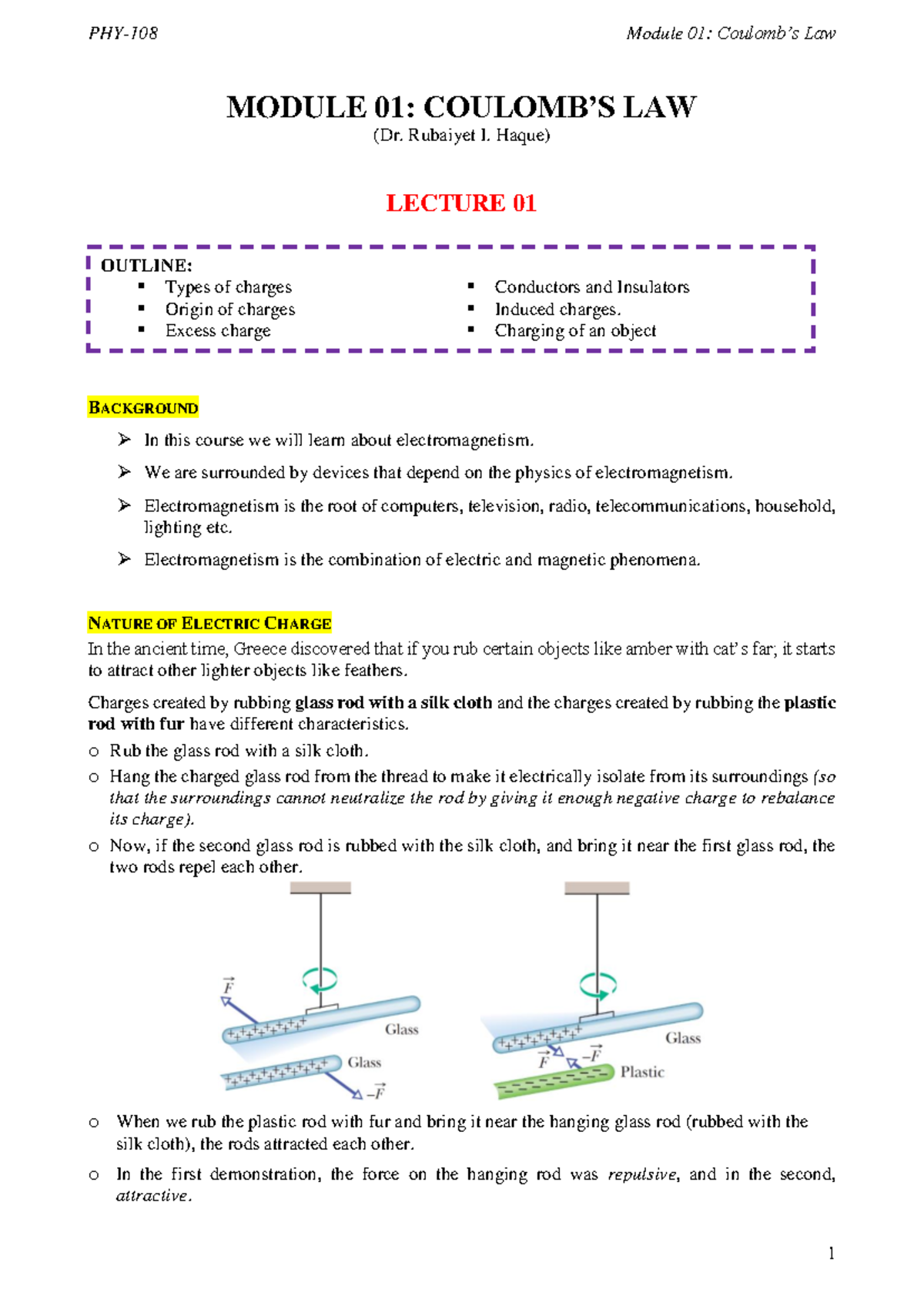 Lecture 01 (NOTE) - Module 01 - Coulomb’s Law - MODULE 0 1: COULOMB’S ...