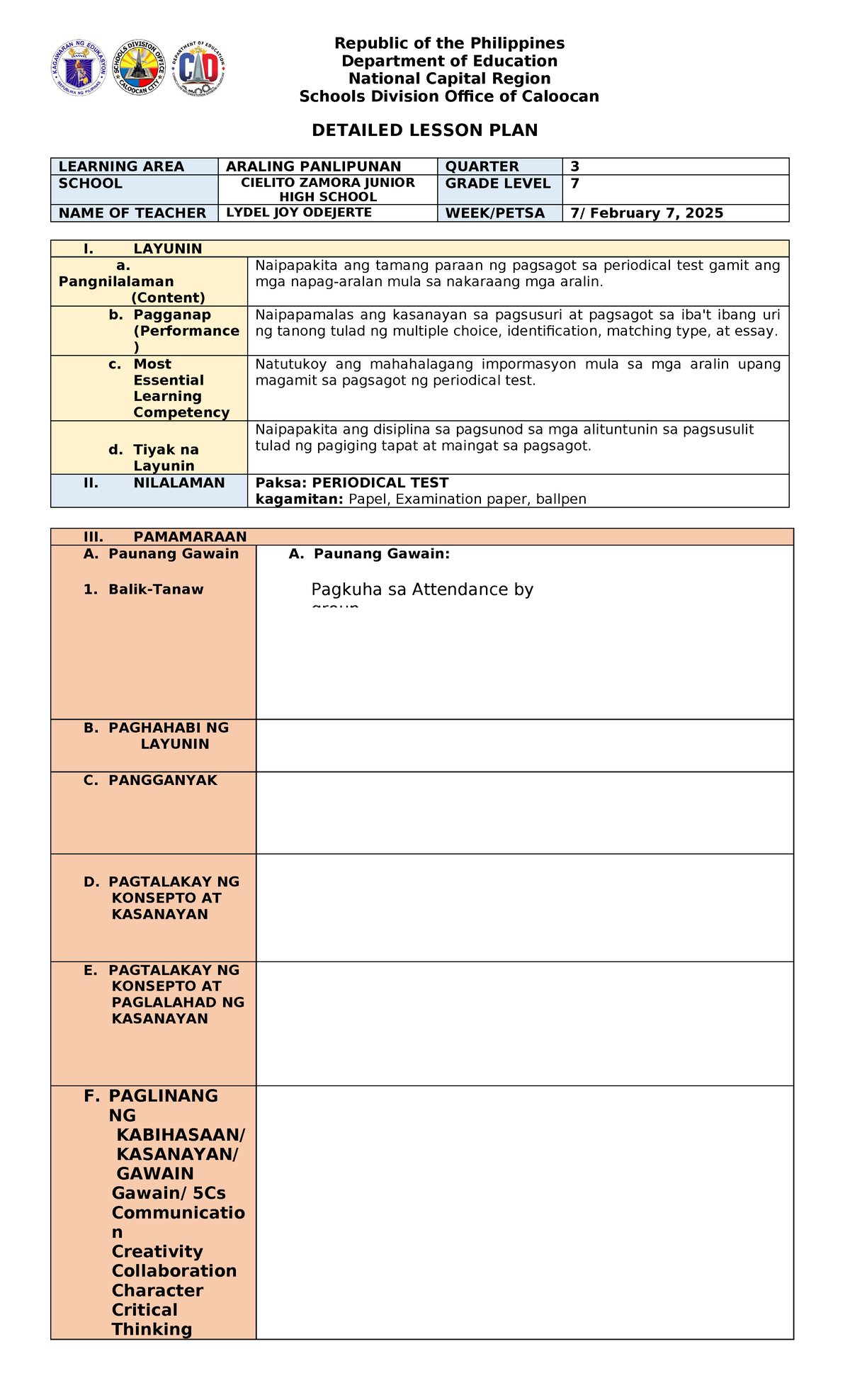 AP7 L7 Detailed Lesson Plan for Periodical Test - 3rd Quarter - Studocu