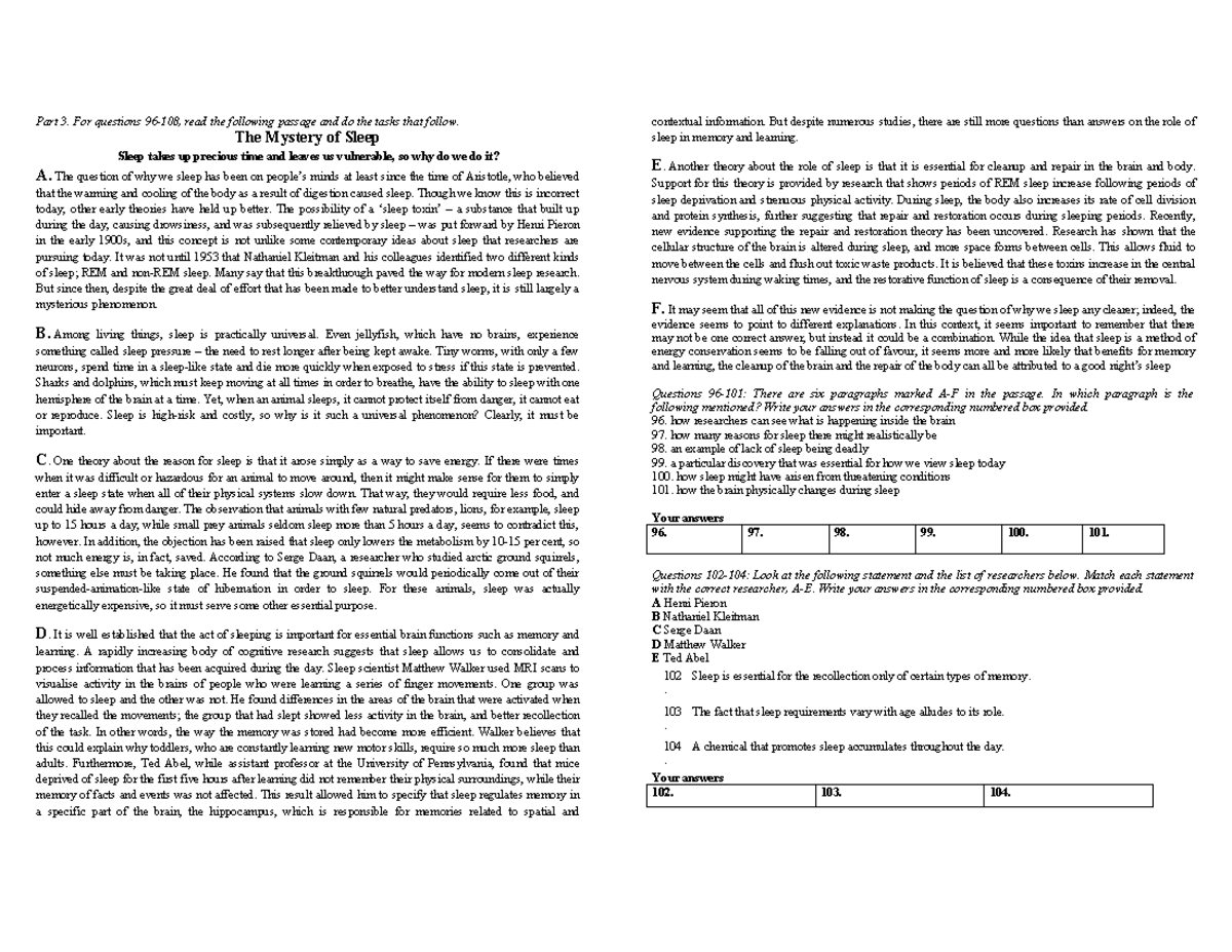 Reading - Understanding the Mystery of Sleep for CPE Exam - Studocu