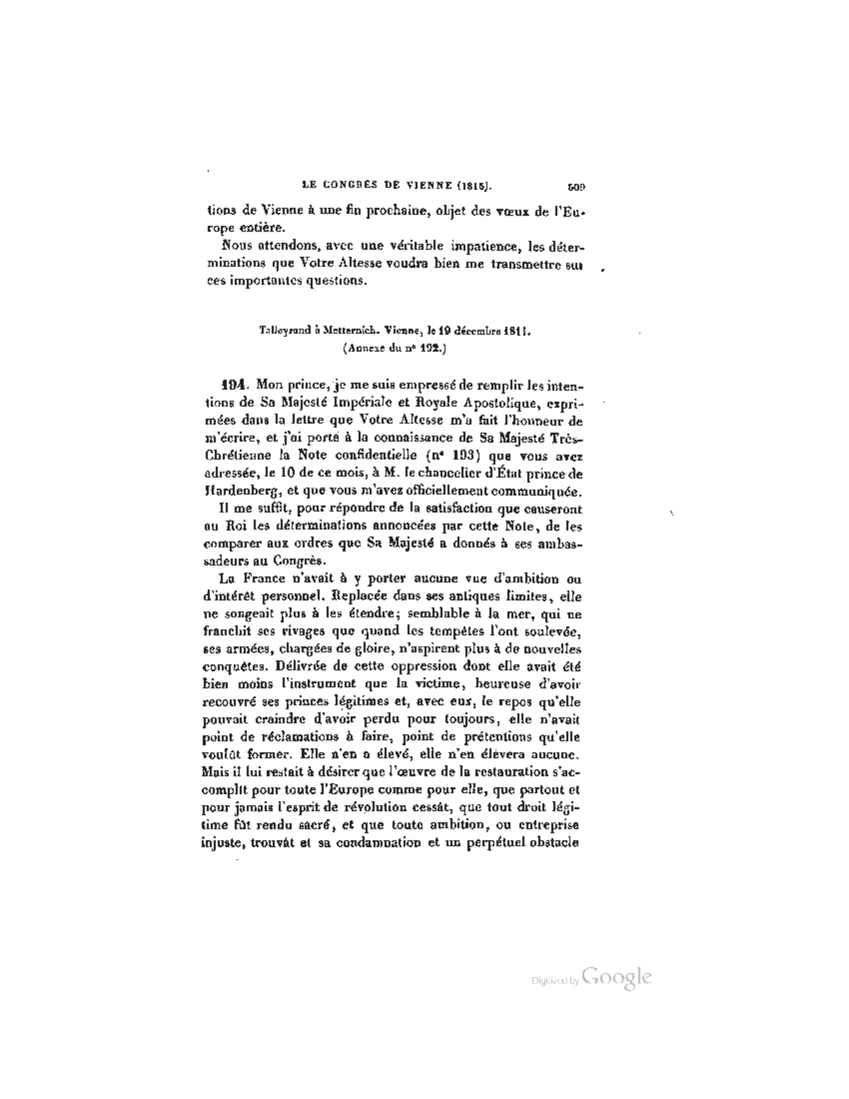 Lettre de Talleyrand à Metternich : Congrès de Vienne (1815) - Studocu