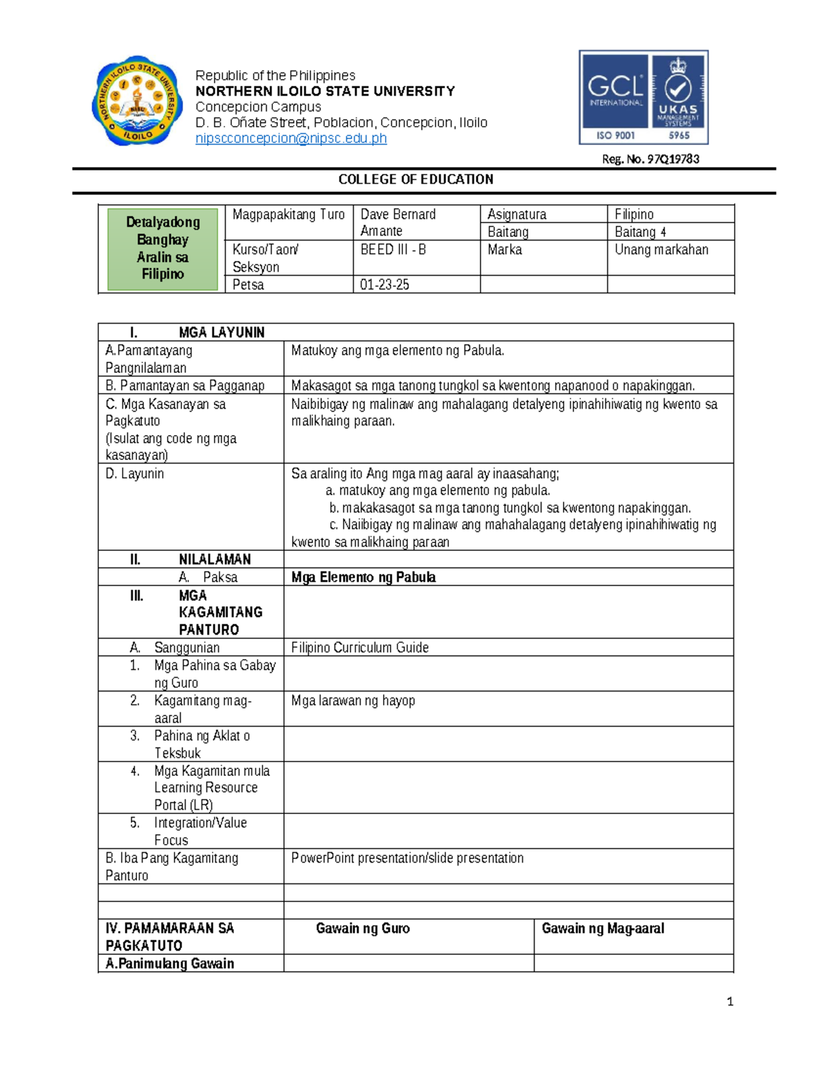 Pabula Lesson Plan for BEED III - B Filipino 4th Grade Students - Studocu