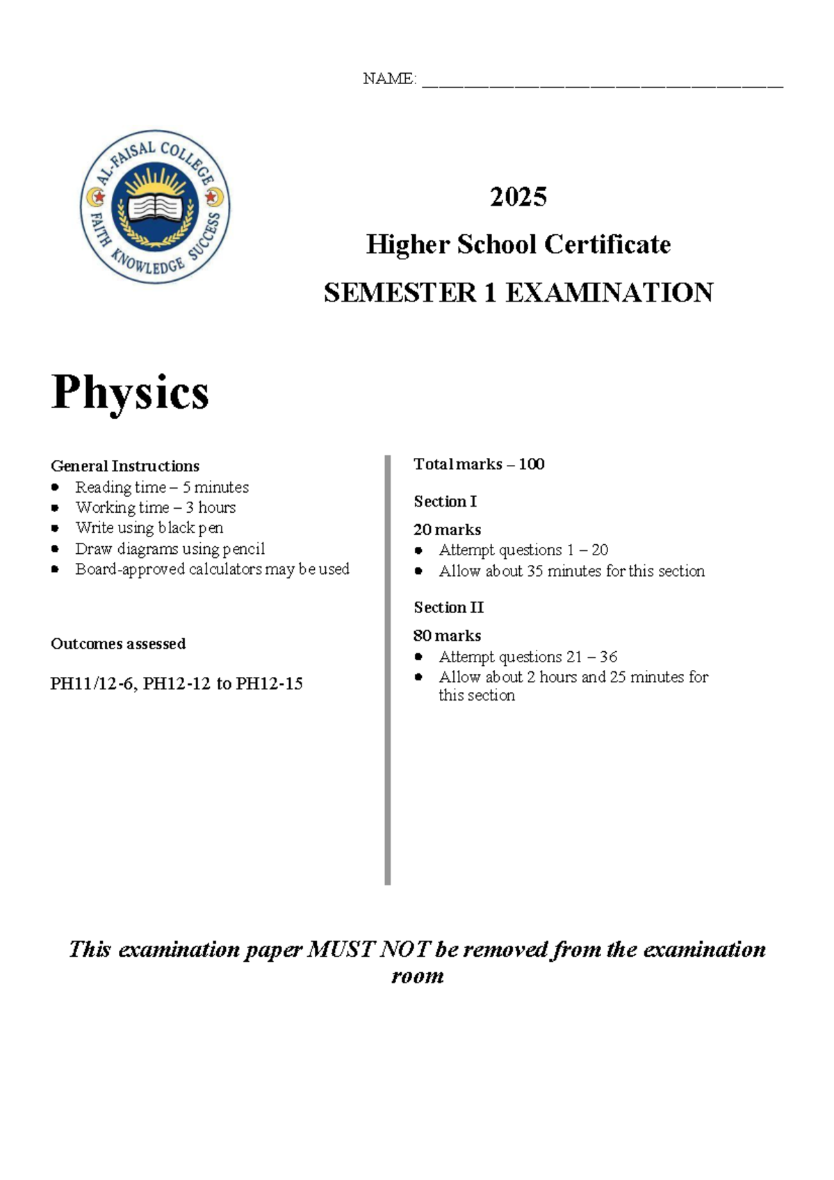 2025 Physics HSC Semester 1 Exam Paper and Instructions - Studocu