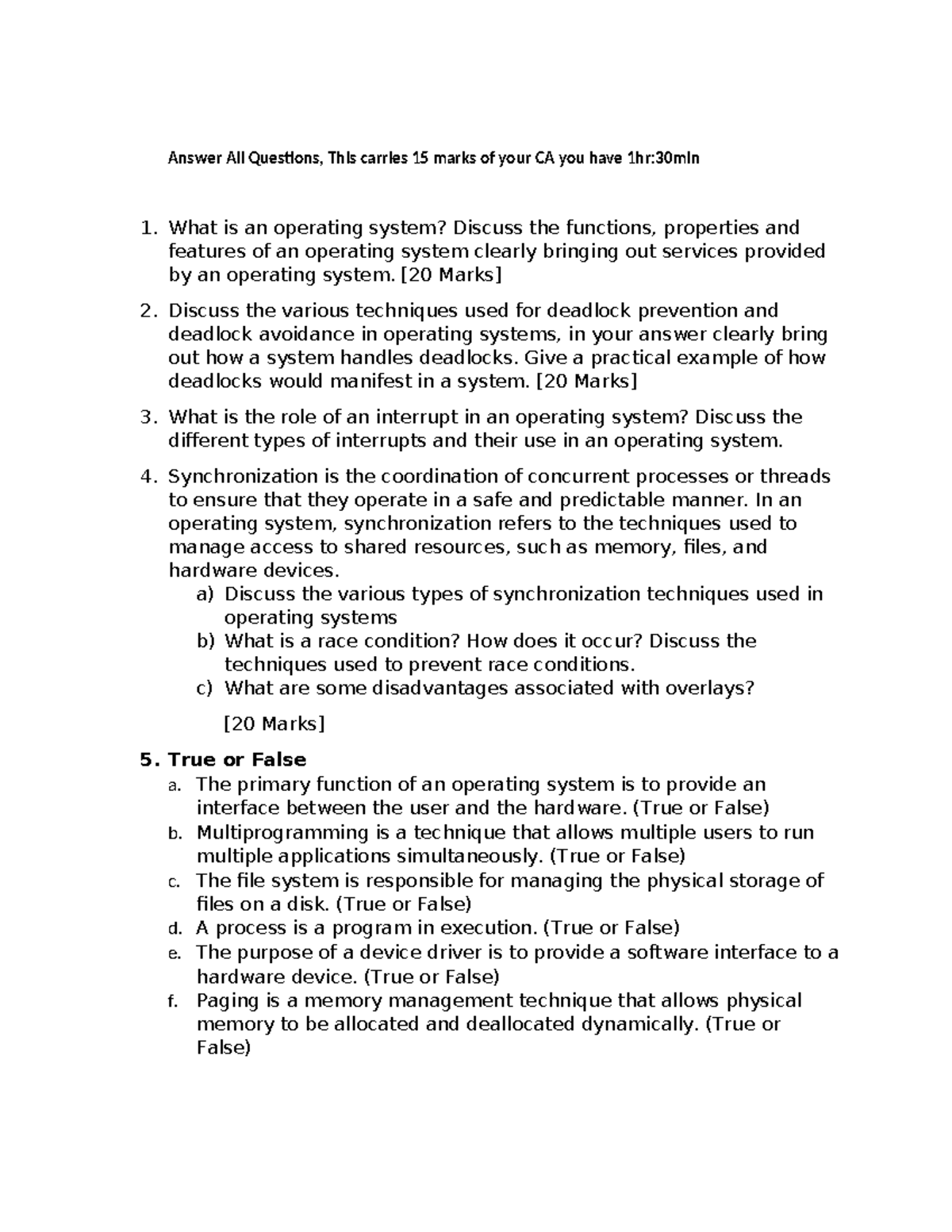 Mid Semester Exam - Operating Systems Concepts and Techniques - Studocu