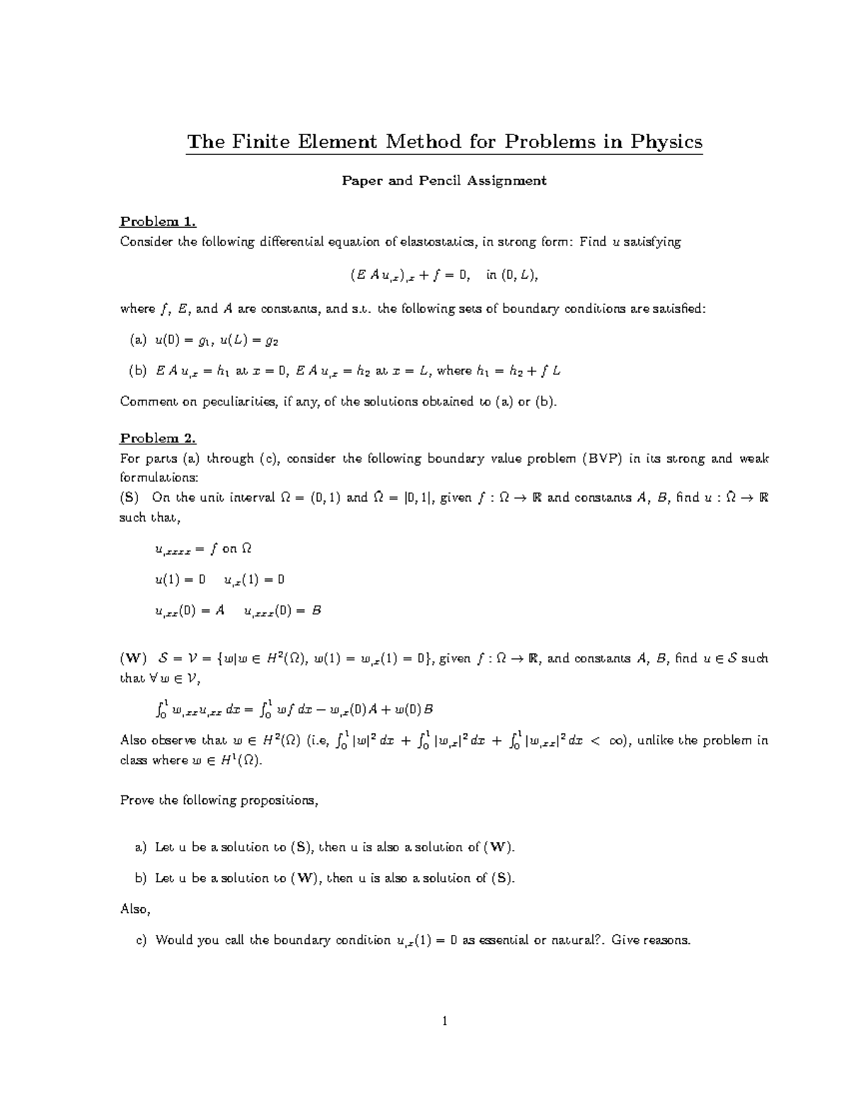 Finite Element Method in Physics: Paper & Pencil Assignment - Studocu