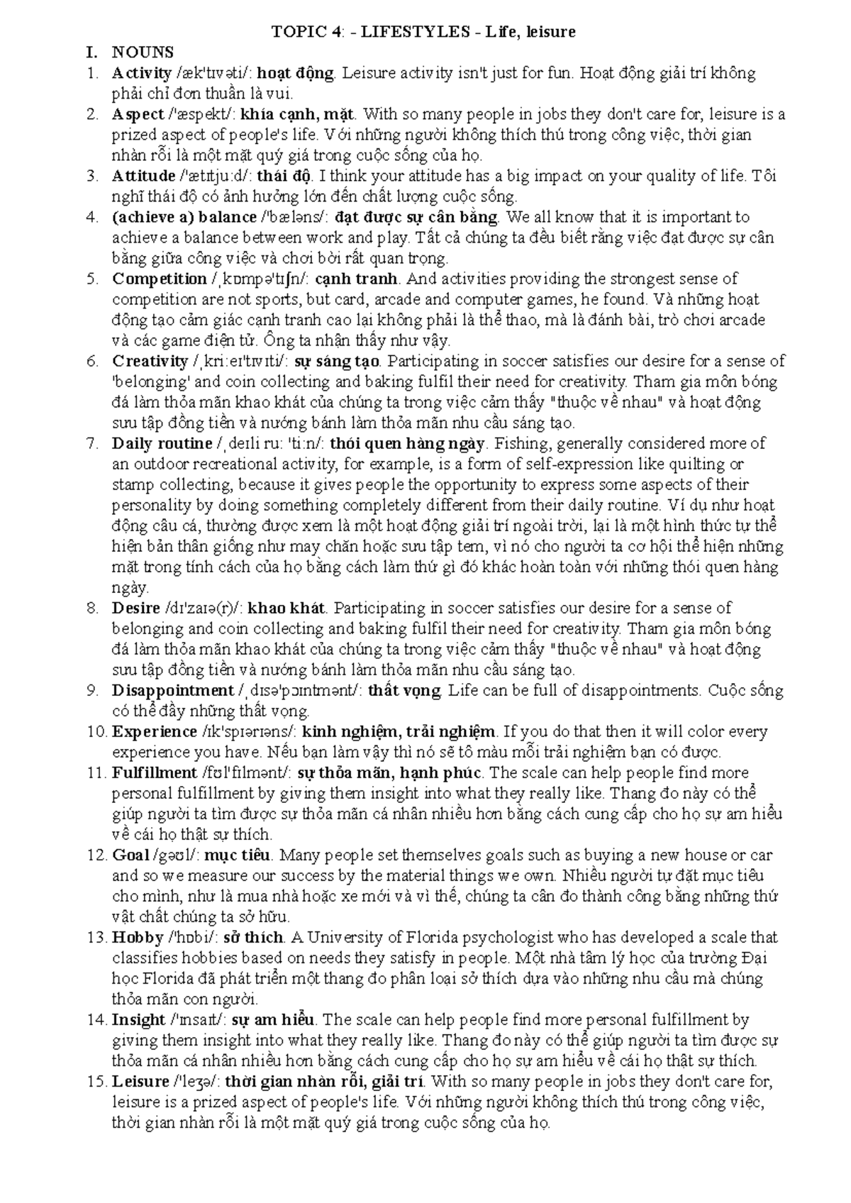 Topic 4: Lifestyles and Leisure Activities - BHB Notes - Studocu
