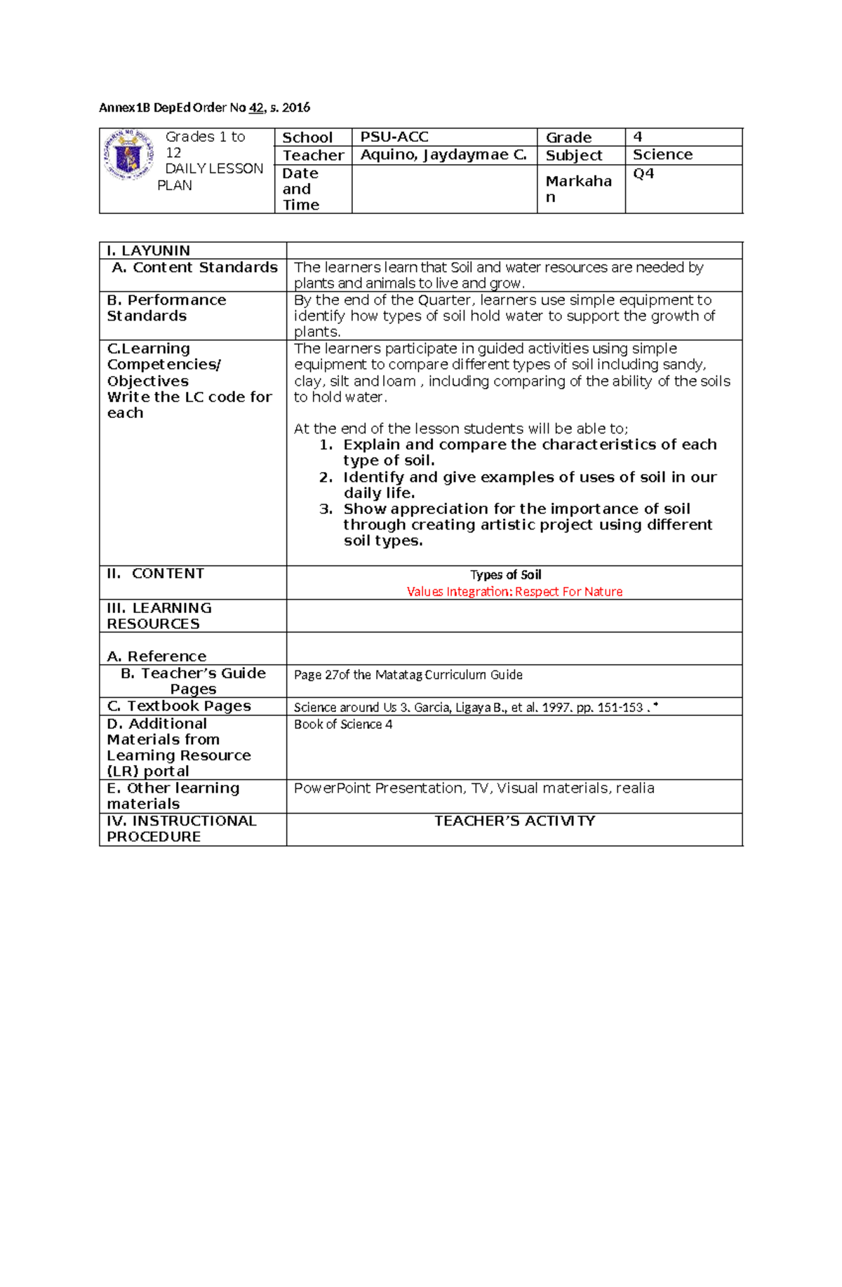 Prof Ed 108: Daily Lesson Plan on Soil Types and Their Uses - Studocu