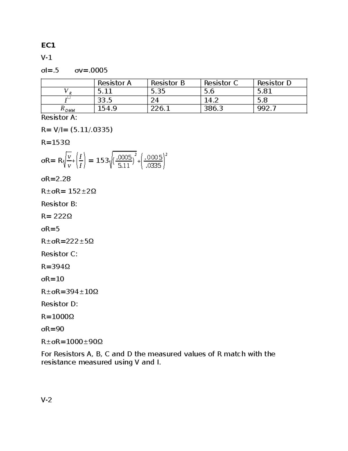 EC1 - EC 1 - ####### EC ####### V- I= v=. Resistor A Resistor B Resistor C Resistor D V R 5 5 5 ...