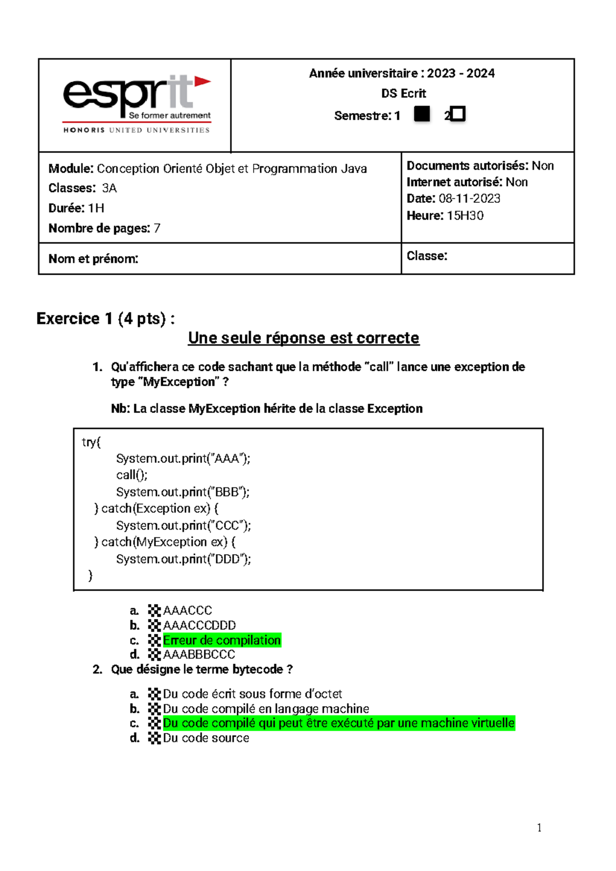DS Java 3A S1 2324 - Corrigé des Exercices de DS Écrit - Studocu