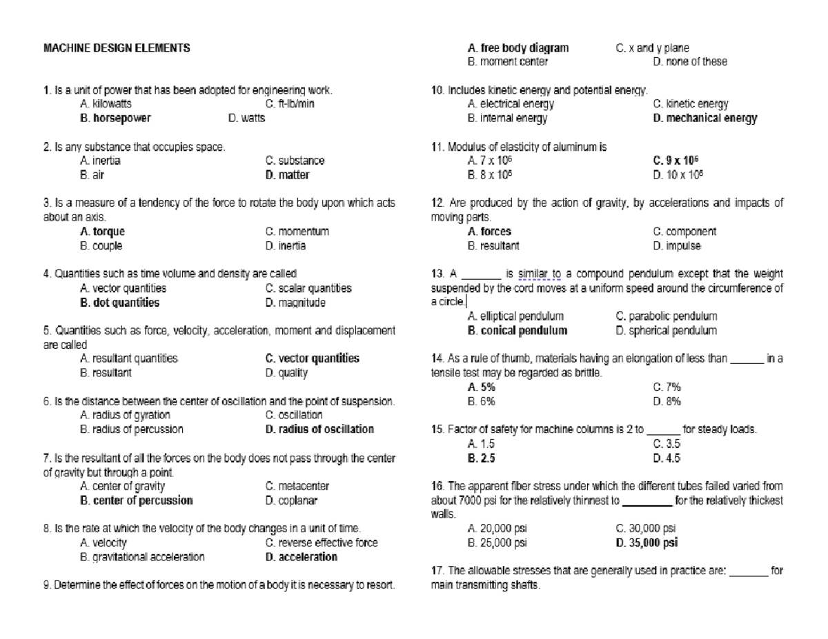 MACHINE DESIGN ELEMENTS: Comprehensive Study Guide and Review - Studocu