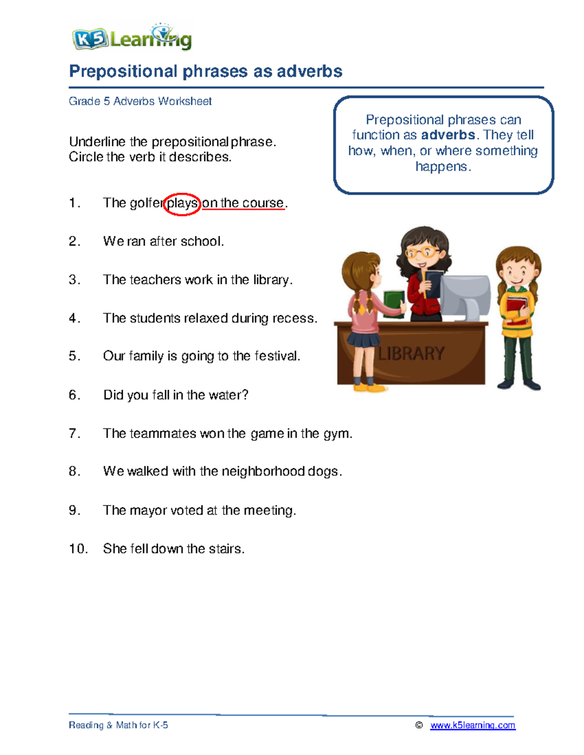 Grade 5 Adverbs & Prepositional Phrases Worksheet - Studocu
