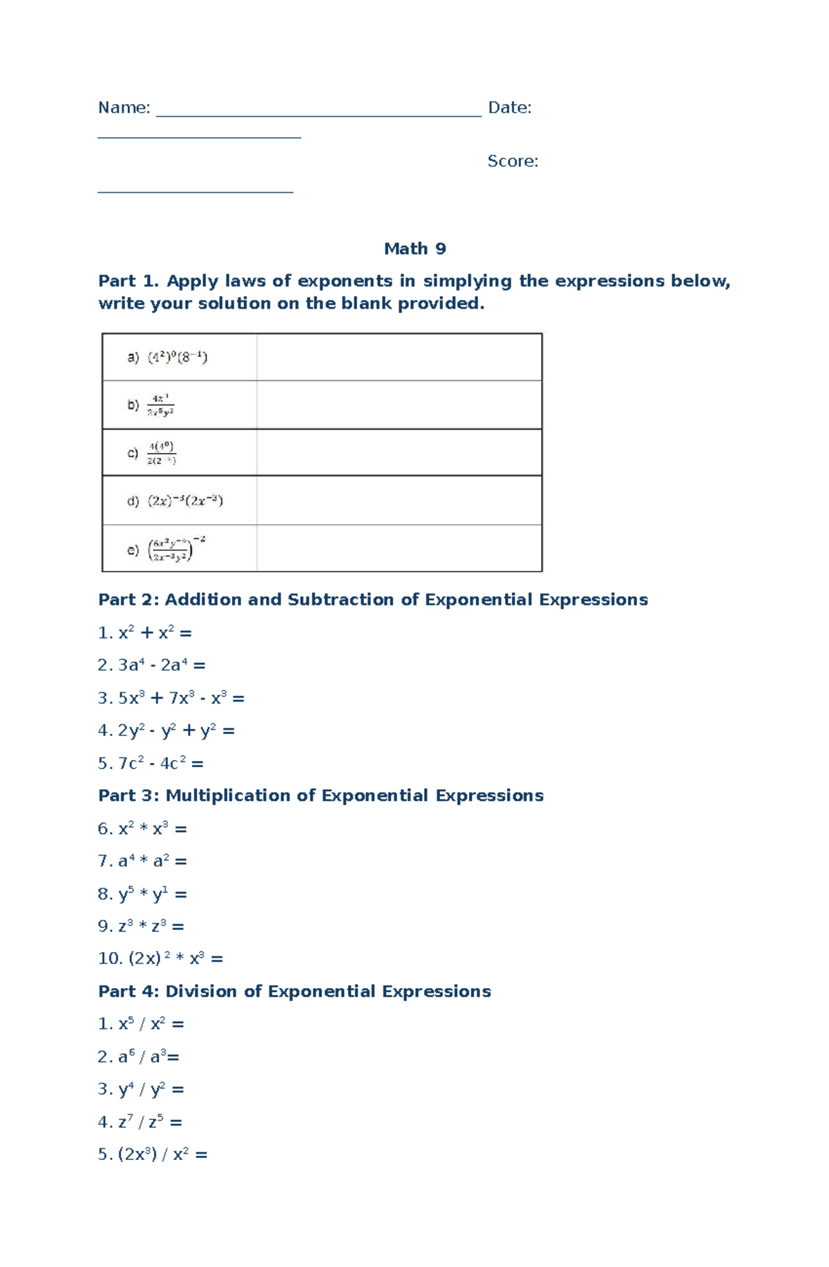 Long Test Math 9 (2nd Quarter) - Name ...