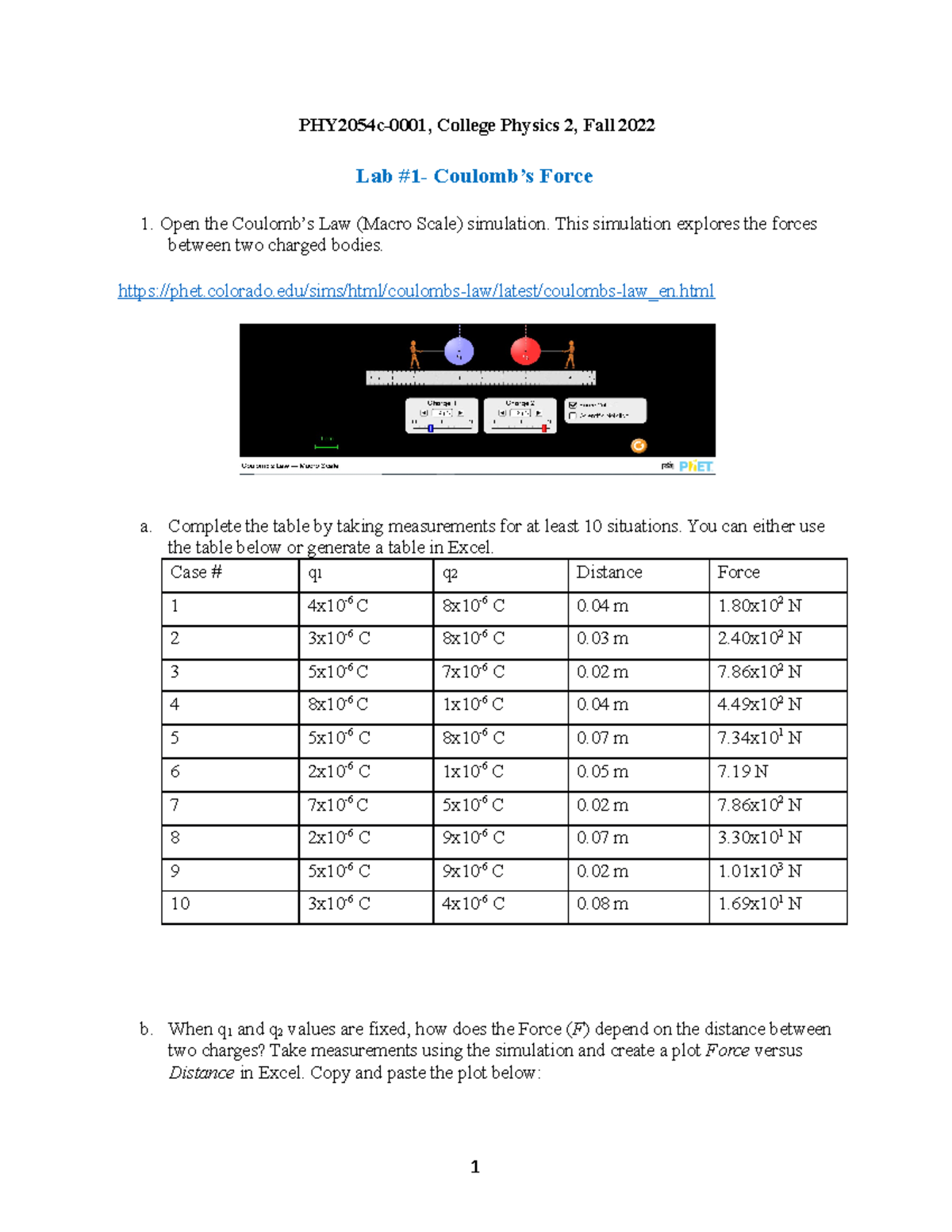 PHY2054c Lab 1: Exploring Coulomb's Law & Electrostatic Forces - Studocu