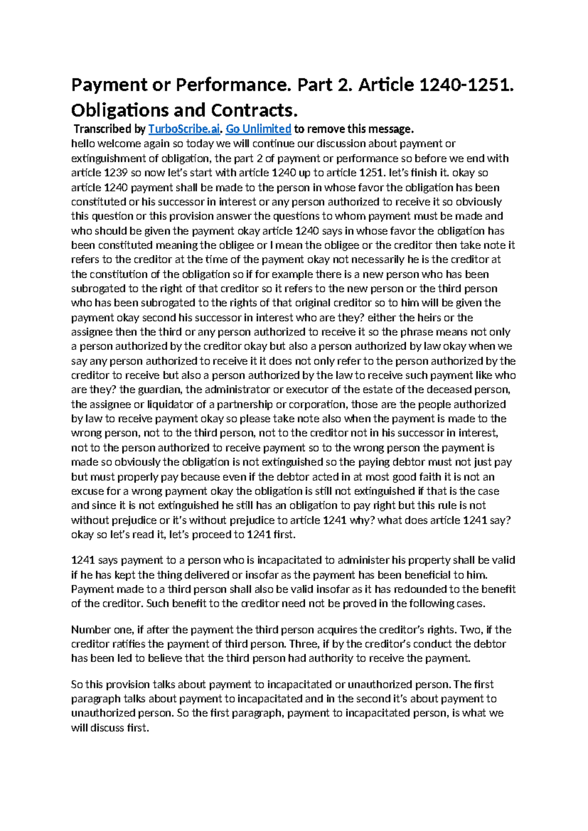 Payment or Performance: Obligations & Contracts Articles 1240-1251 ...