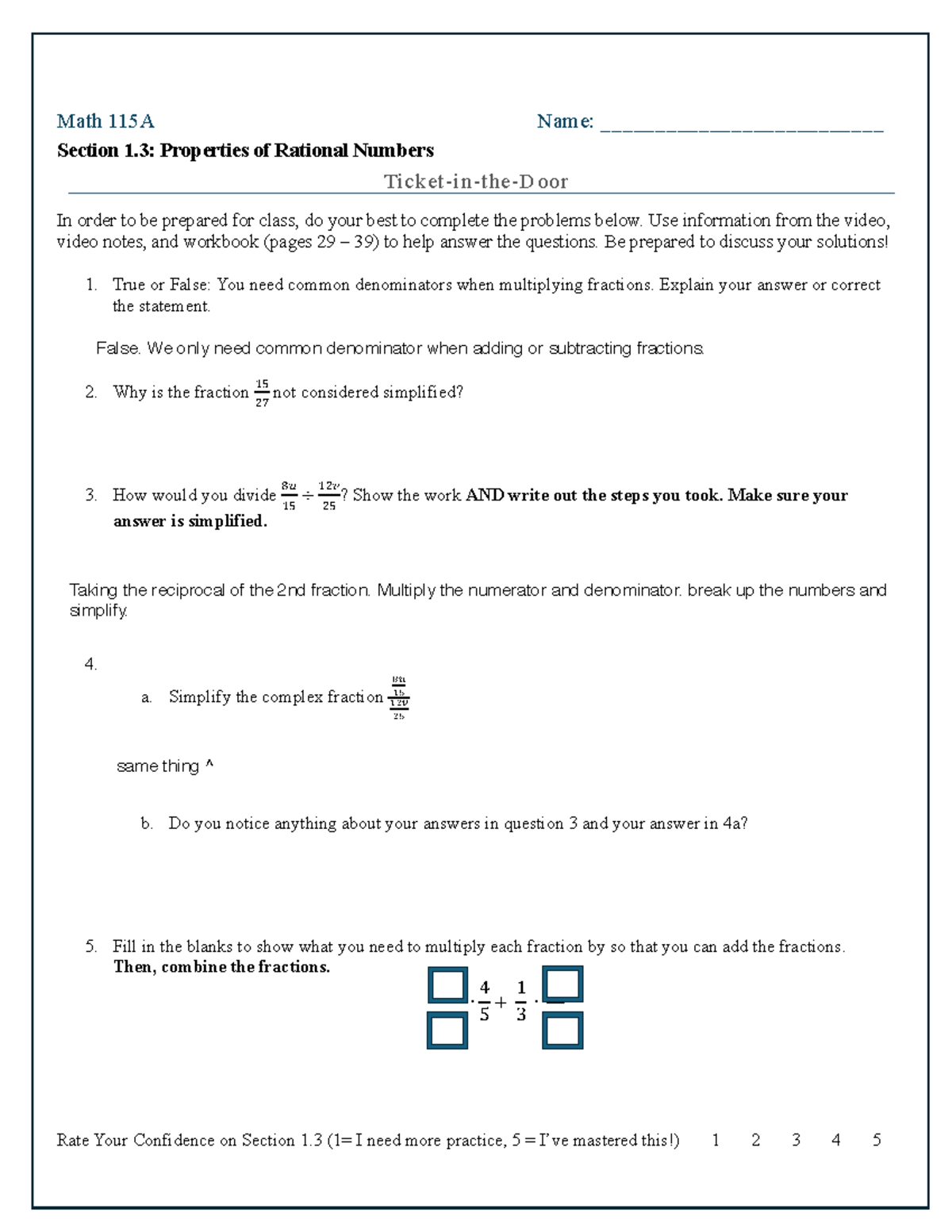 Math 115A Section 1.3 - Worksheet on Properties of Rational Numbers ...