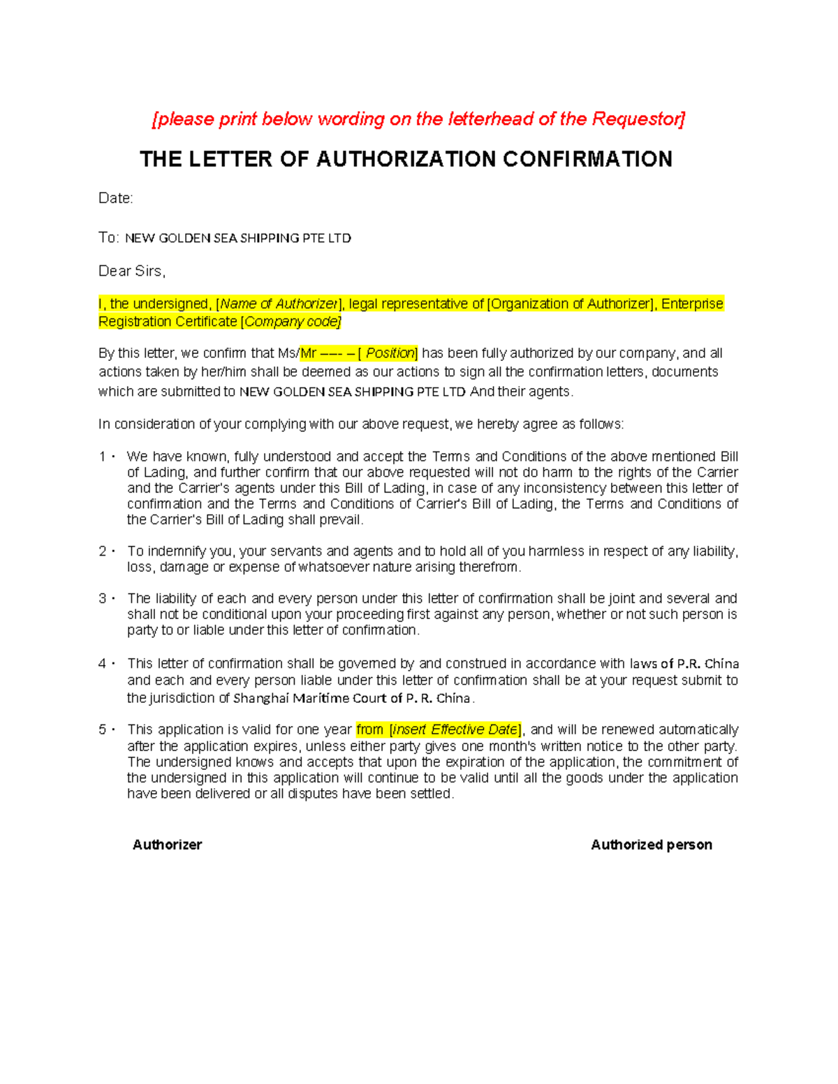 Letter of Authorization Confirmation for NEW GOLDEN SEA SHIPPING PTE ...