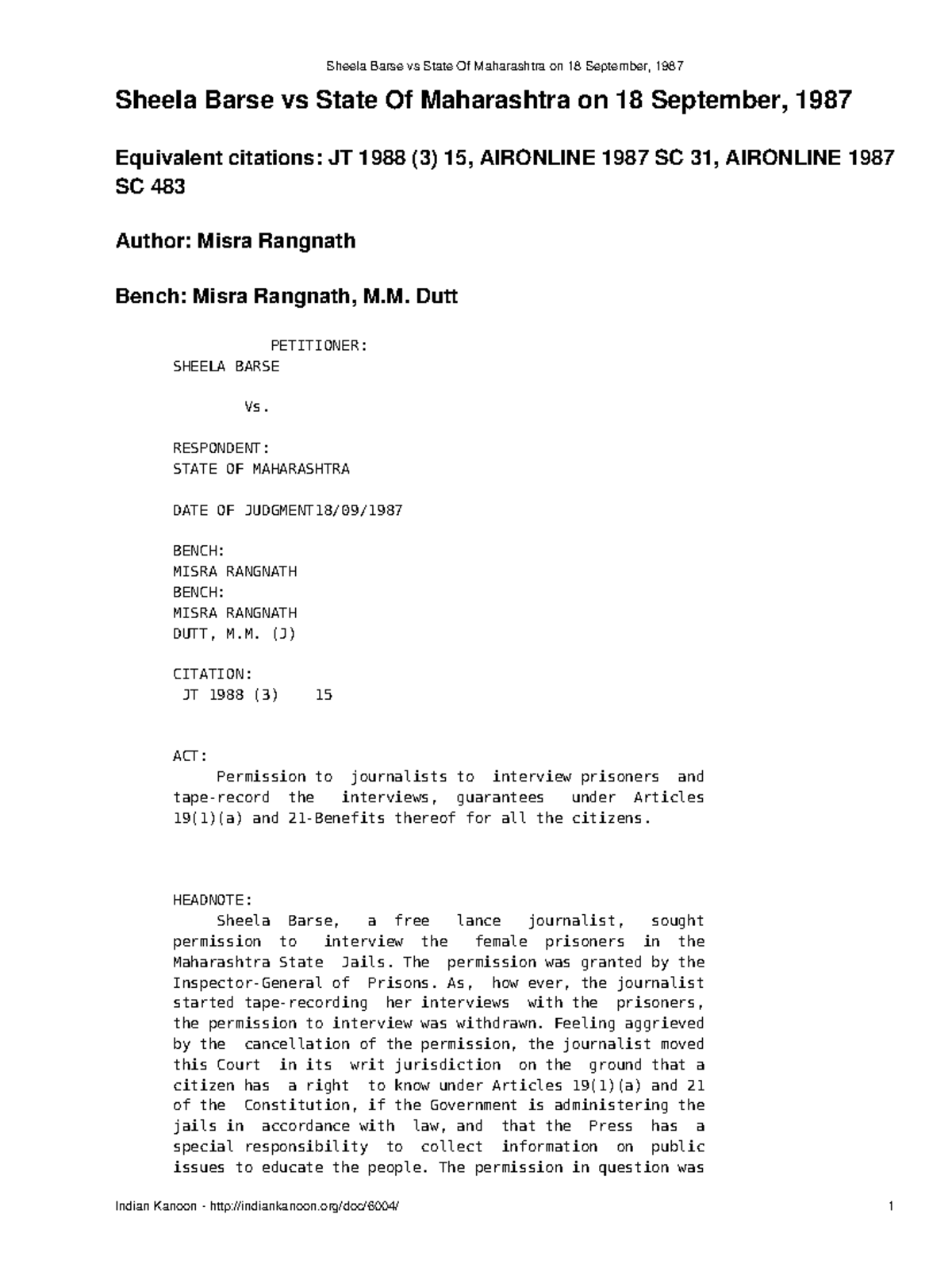 Sheela Barse vs State of Maharashtra: Supreme Court Ruling on Press ...