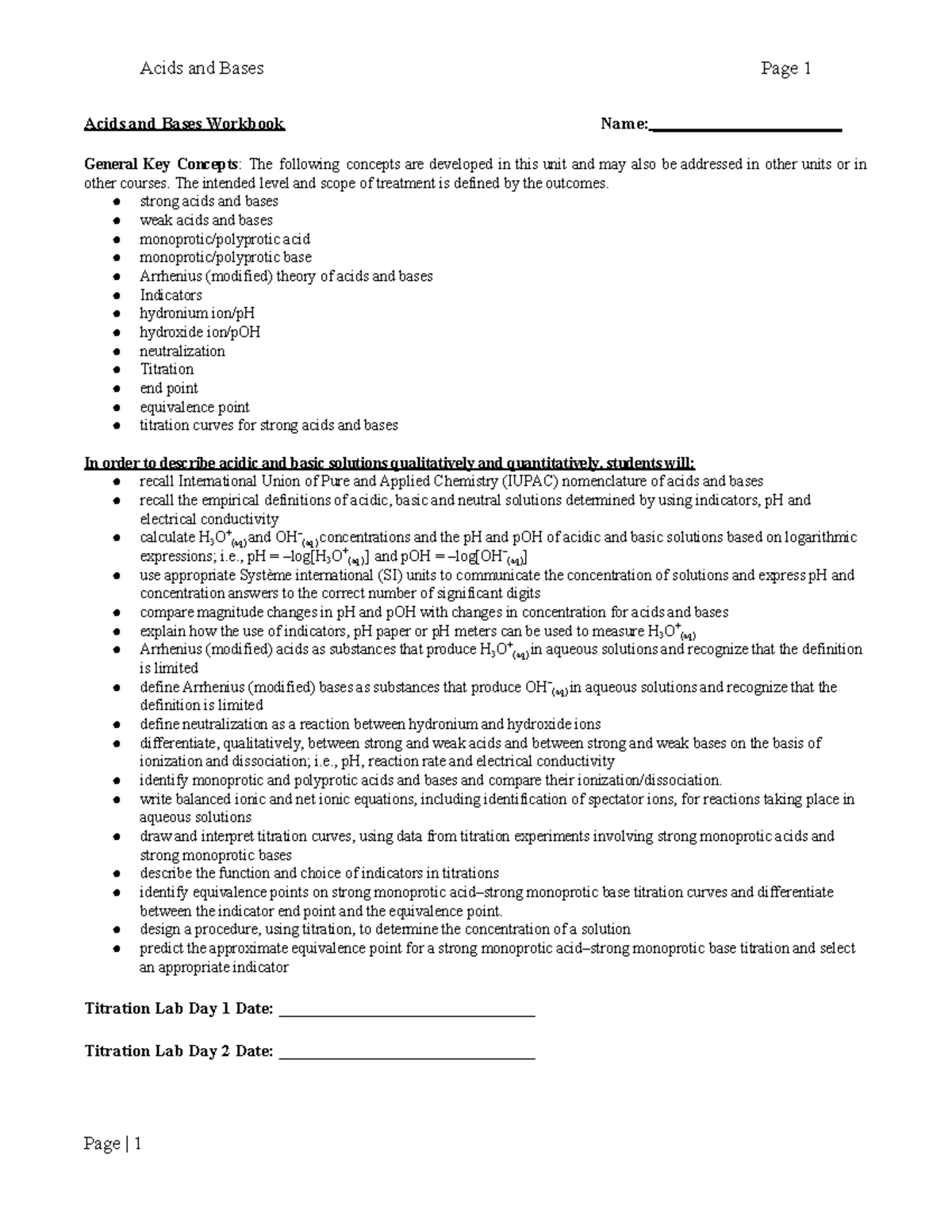 Acid-Base Concepts Workbook 2023: Key Definitions & Practices - Studocu