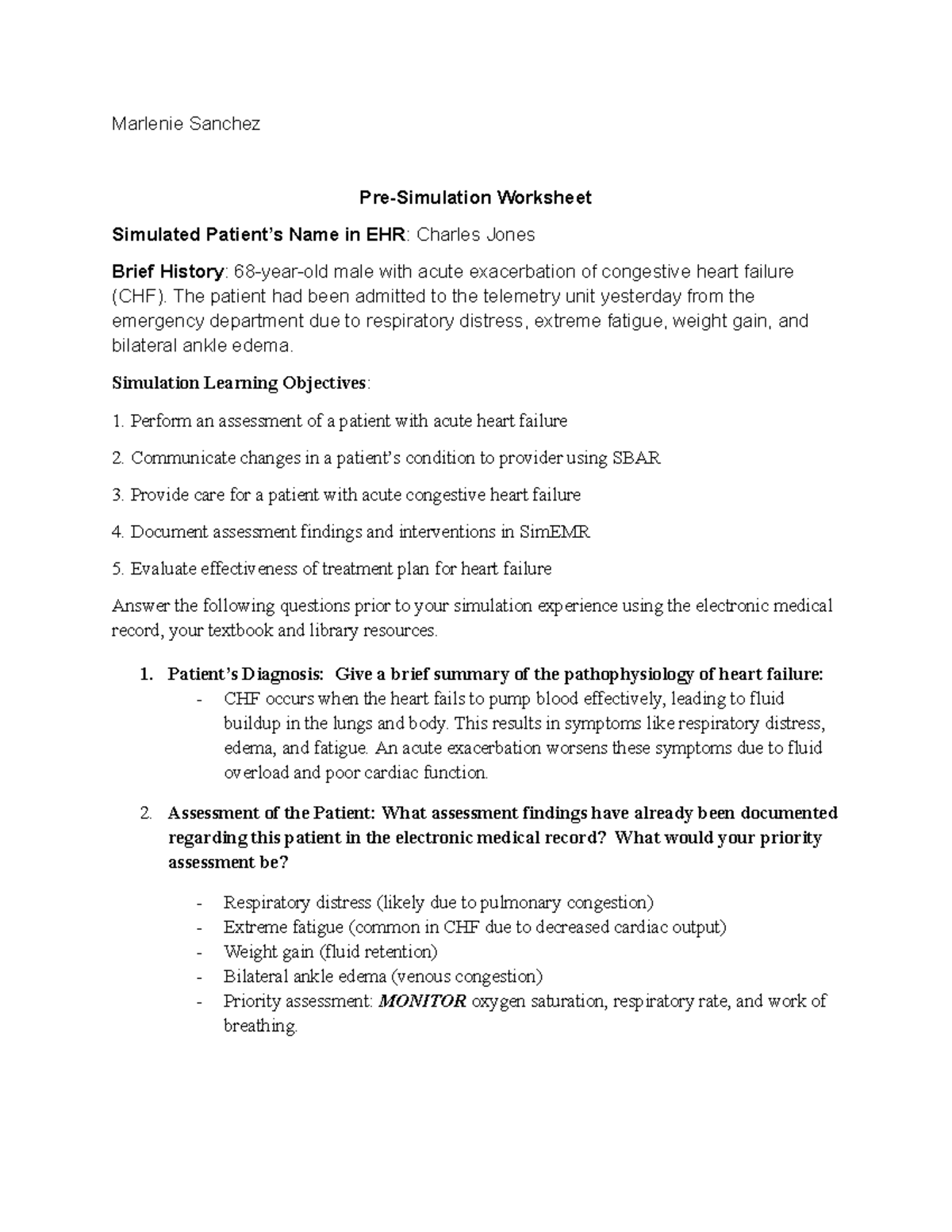 CHF Pre-Simulation Worksheet - Patient Charles Jones Analysis - Studocu
