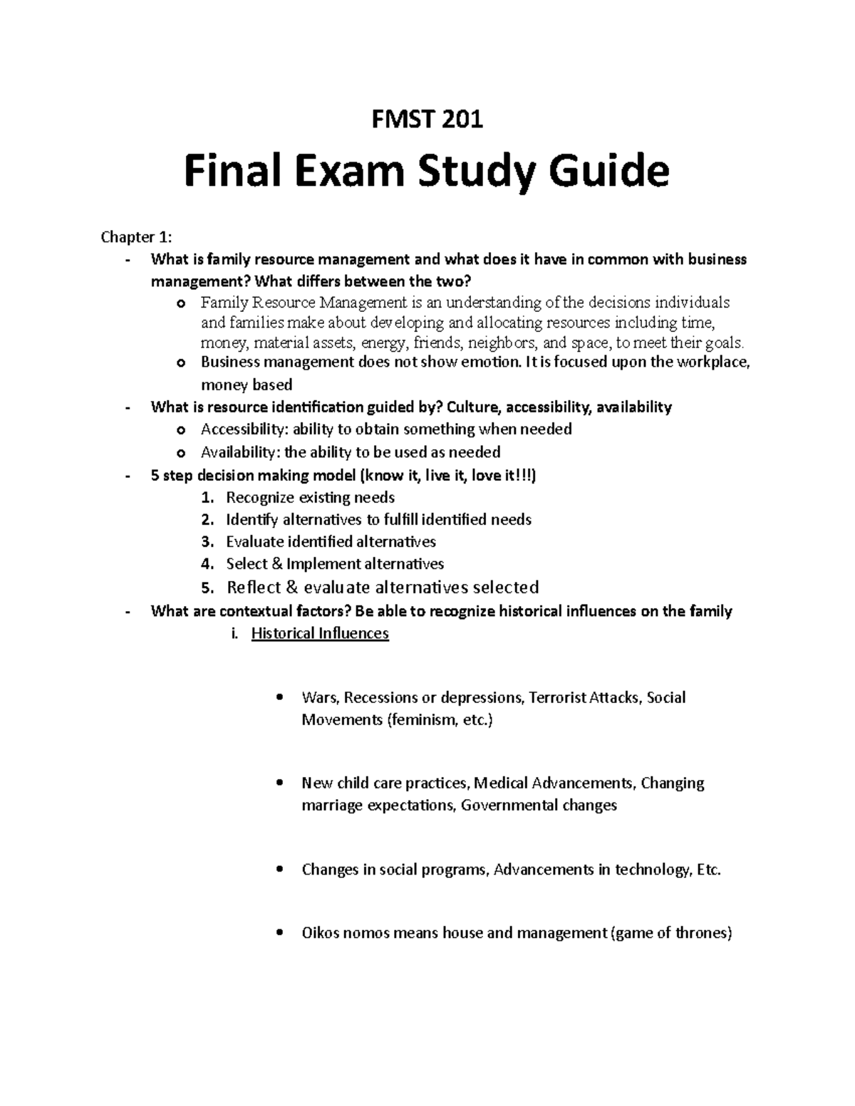 FMST 201 Final Exam Study Guide: Key Concepts from Chapters 10-14 - Studocu