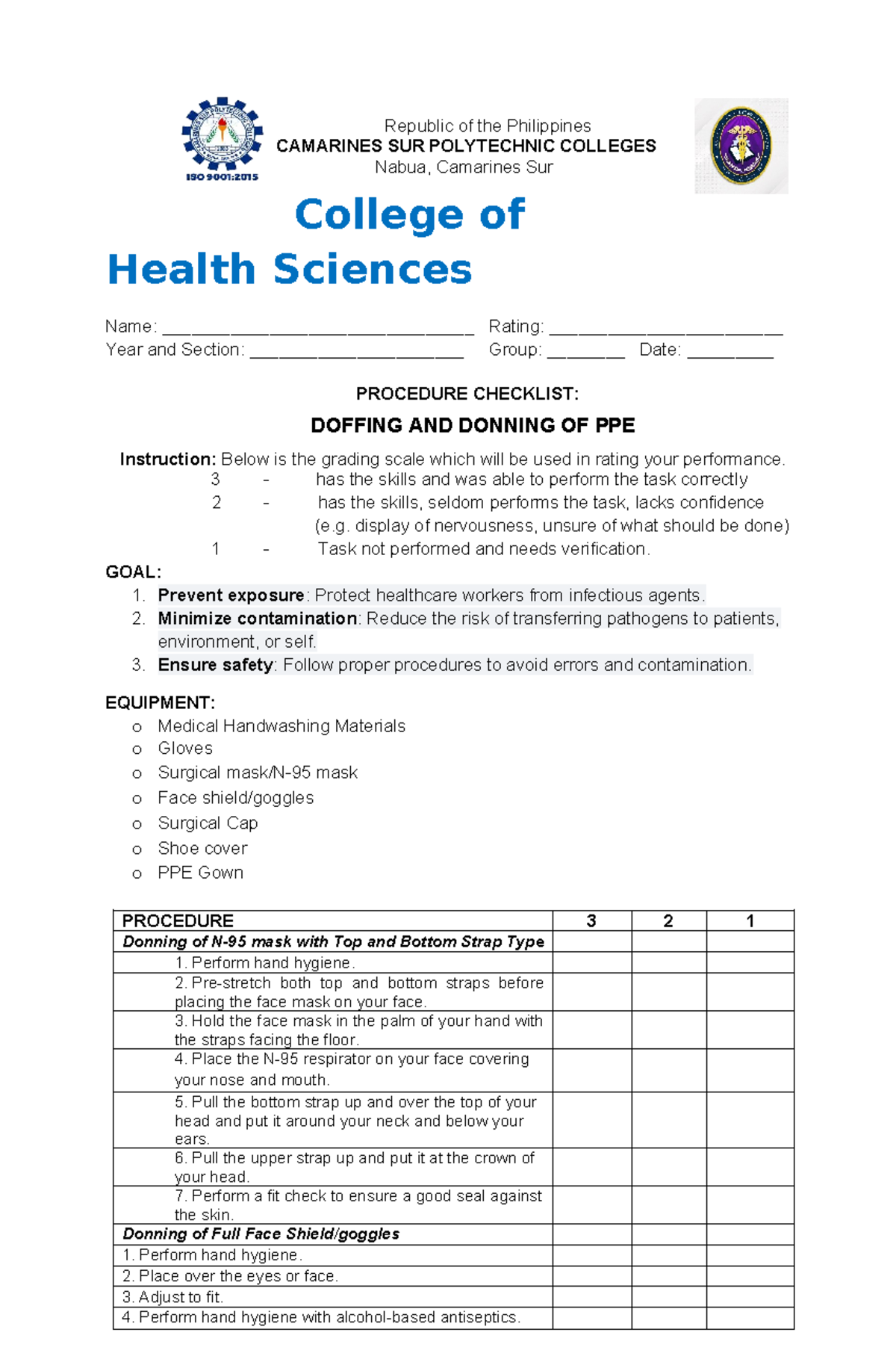 PPE Doffing and Donning Procedure Checklist - CHS 101 - Studocu