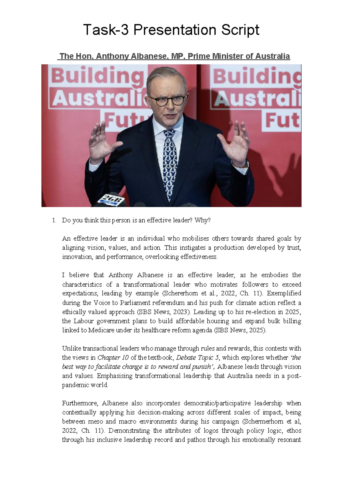 P&O Task-3 Script: Leadership Analysis of Anthony Albanese, MP - Studocu
