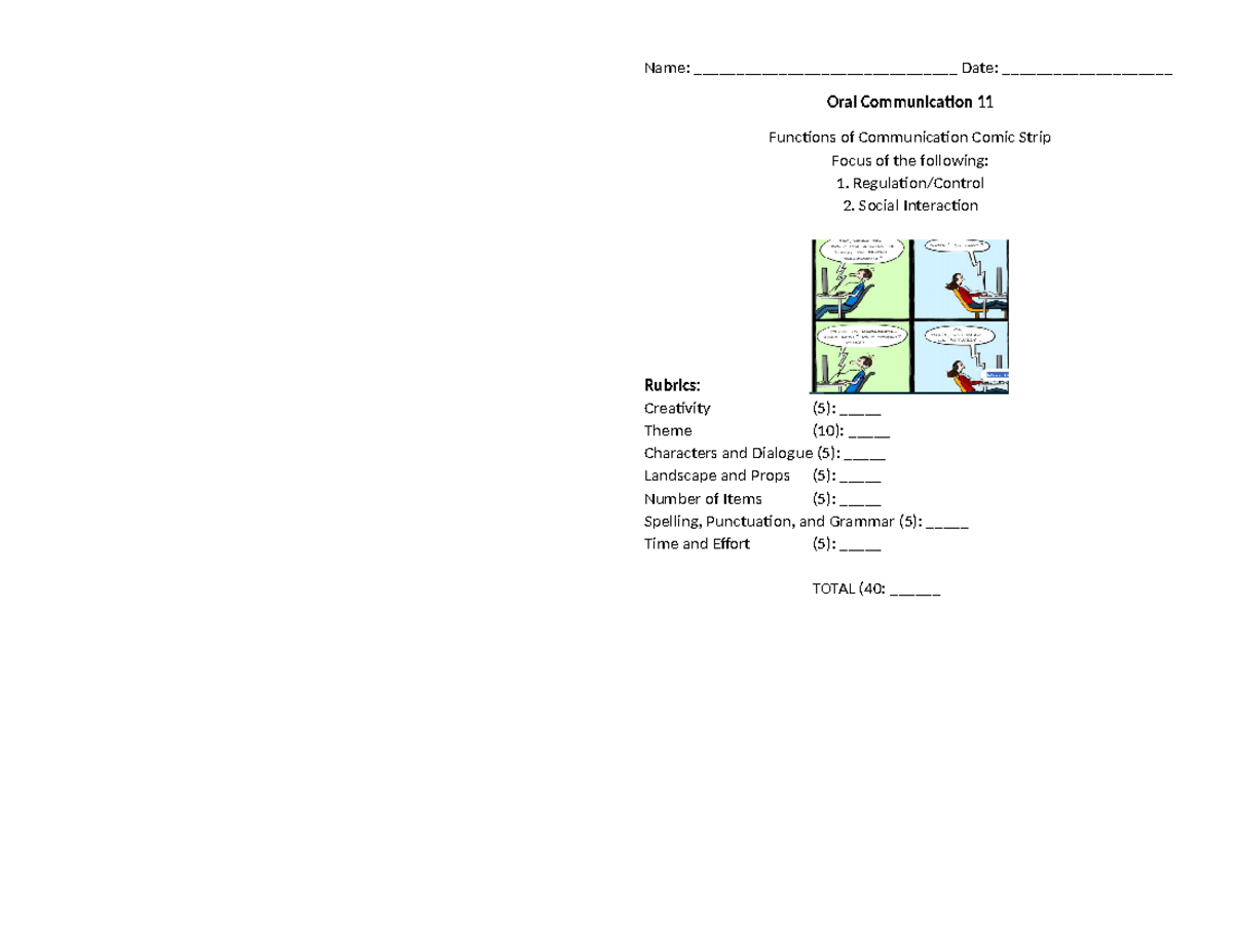 Functions-of-Communication Comic-Strip - Developmental Reading - Name ...