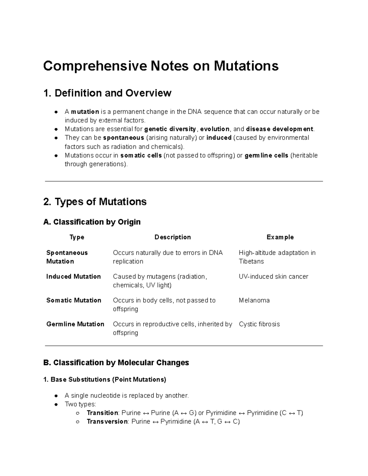 Bio1090 - week 5 (3) notes - Comprehensive Notes on Mutations 1 ...