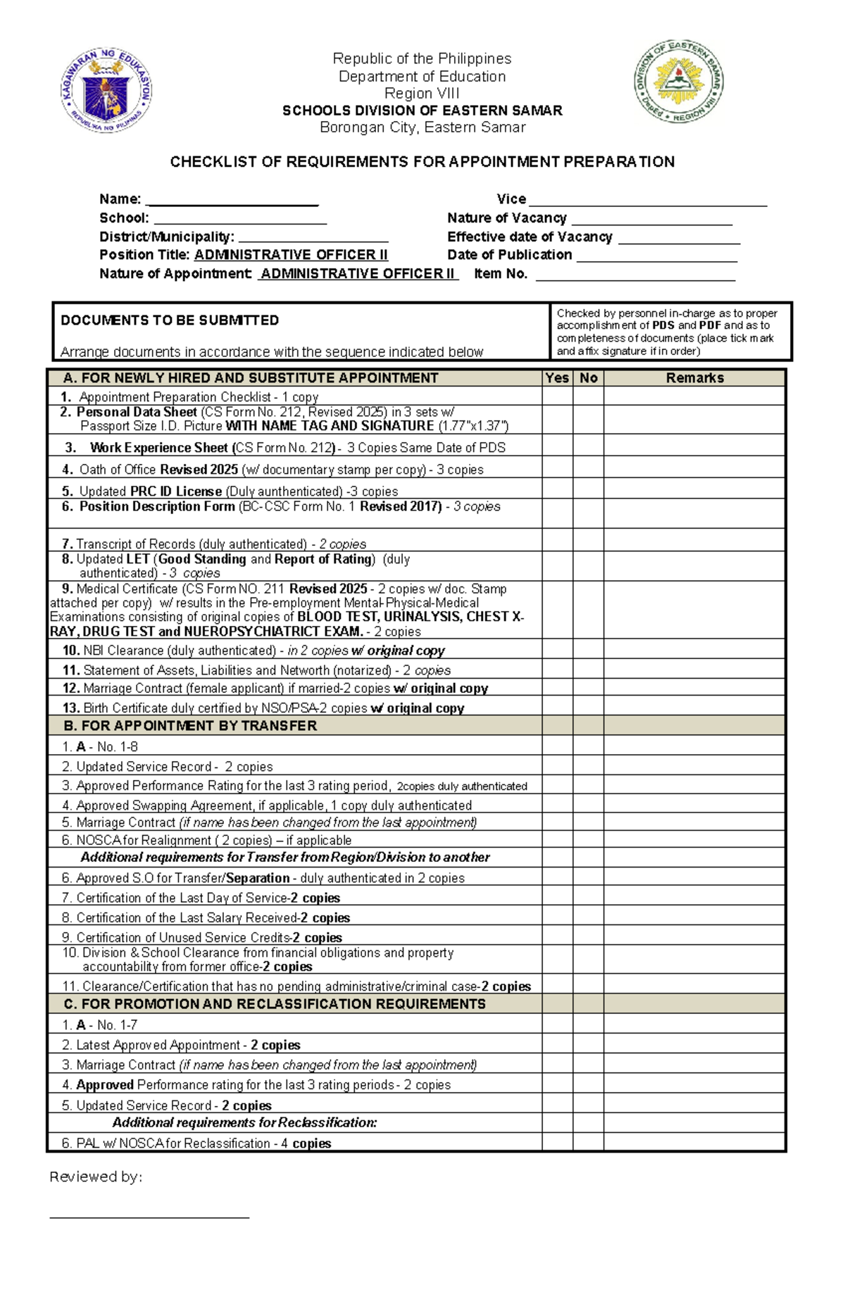 2026 Appointment Processing Checklist for Administrative Officer II ...