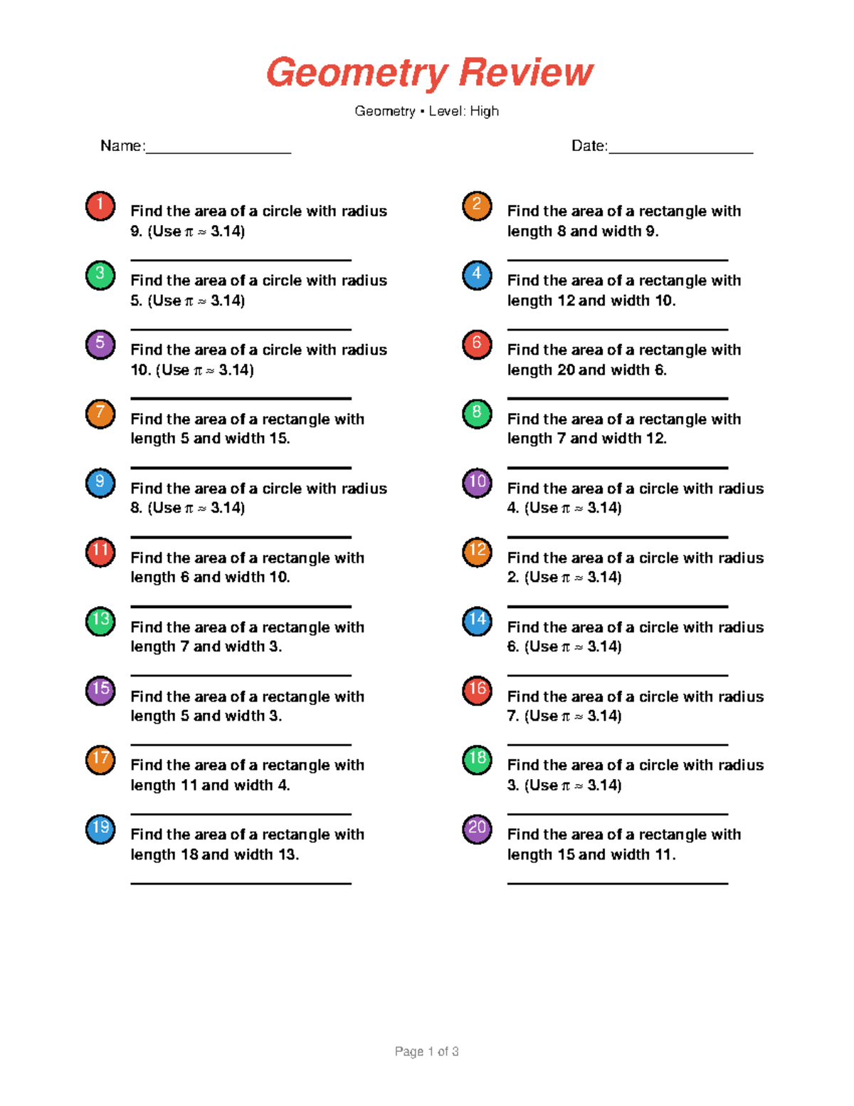 Geometry Review 1: Area Calculations for Circles & Rectangles - Studocu